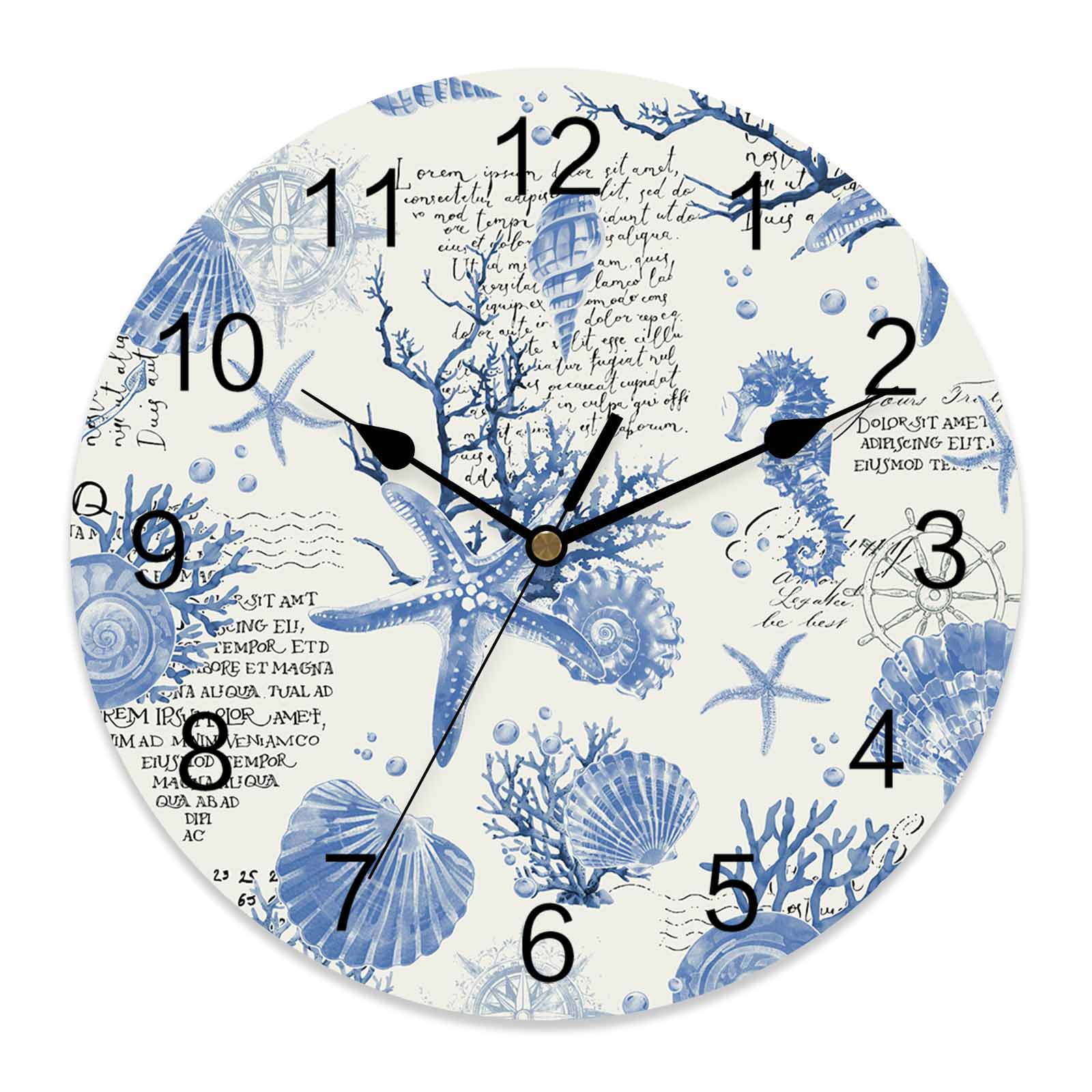 Wall Clock Blue Starfish Conch Clocks PVC Silent Non-Ticking Battery ...