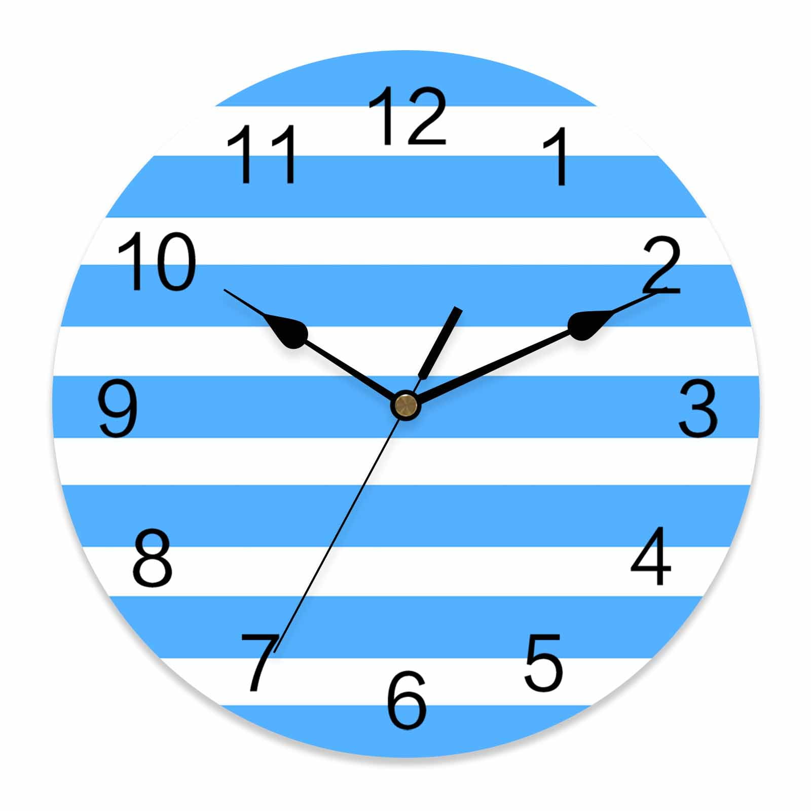 Wall Clock Blue Stripes Clocks PVC Silent Non-Ticking Battery Operated ...