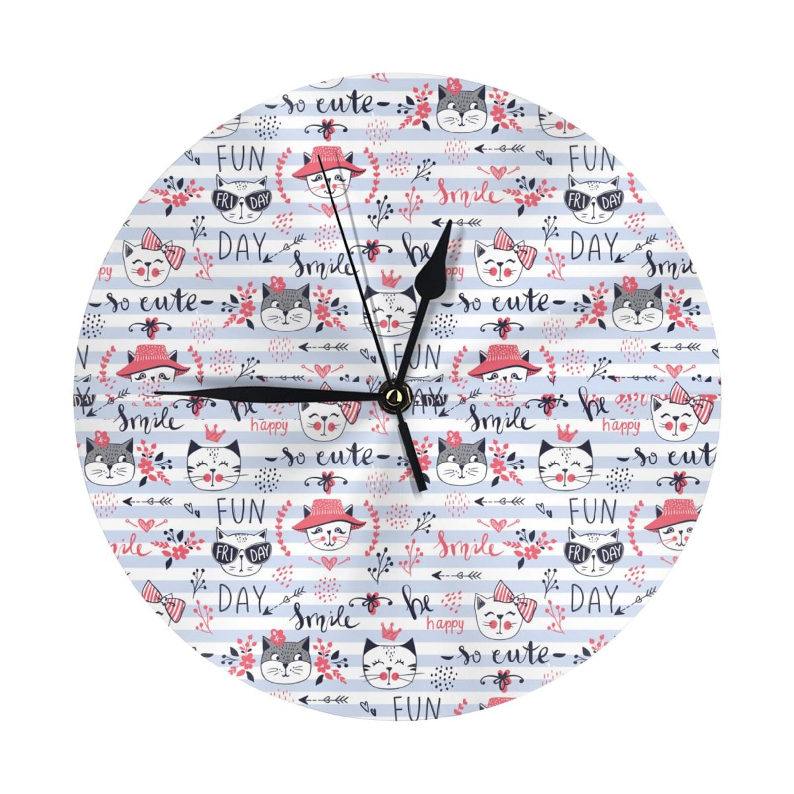 Wall Clock, Blue Stripes Lines Cute Cat Wall Clocks Battery Operated ...