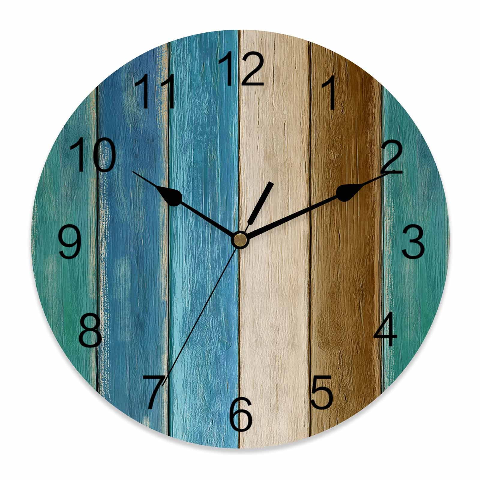 Wall Clock Blue Teal Wood Grain Clocks PVC Silent Non-Ticking Battery ...