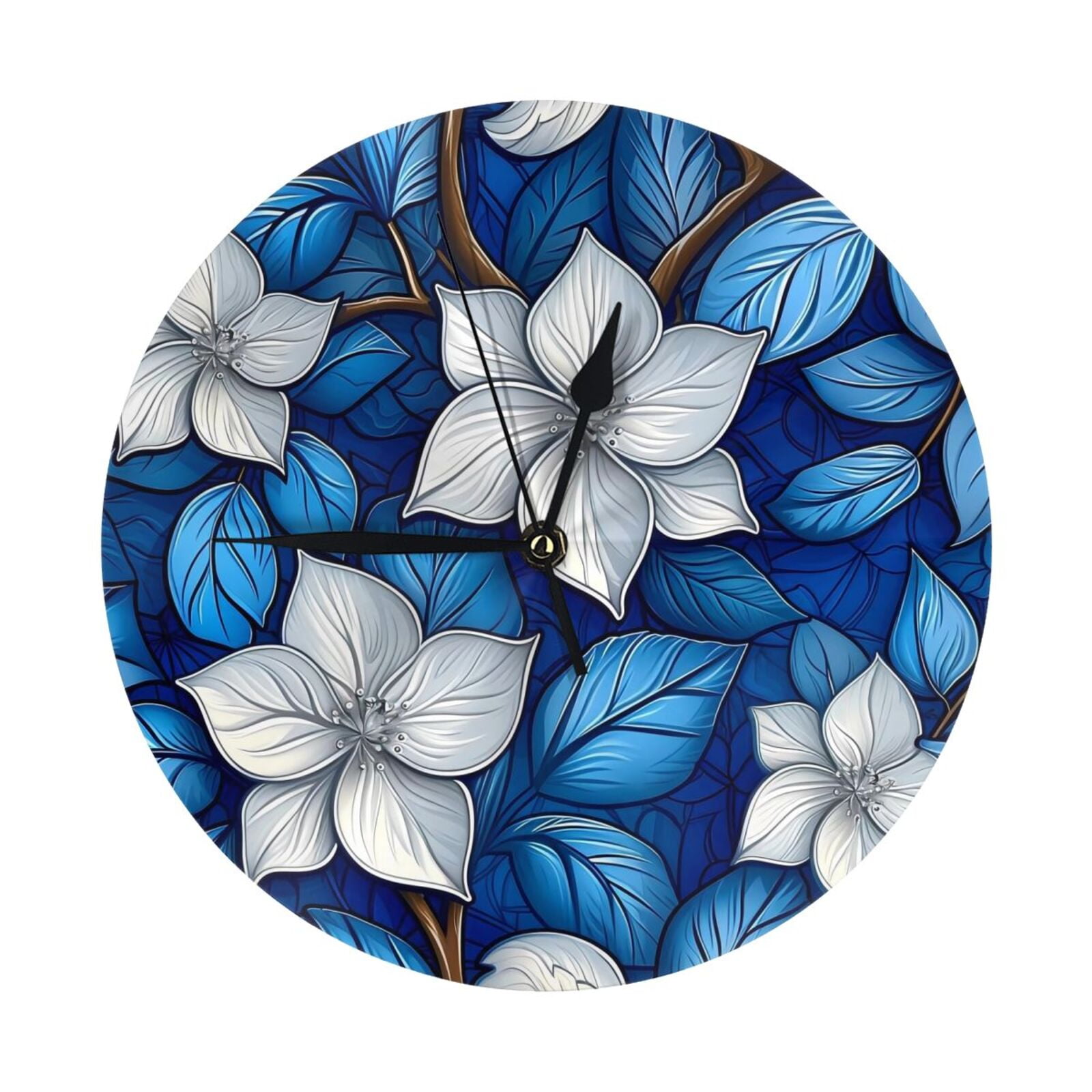 Wall Clock, Blue White Floral Elegance Wall Clocks Battery Operated ...