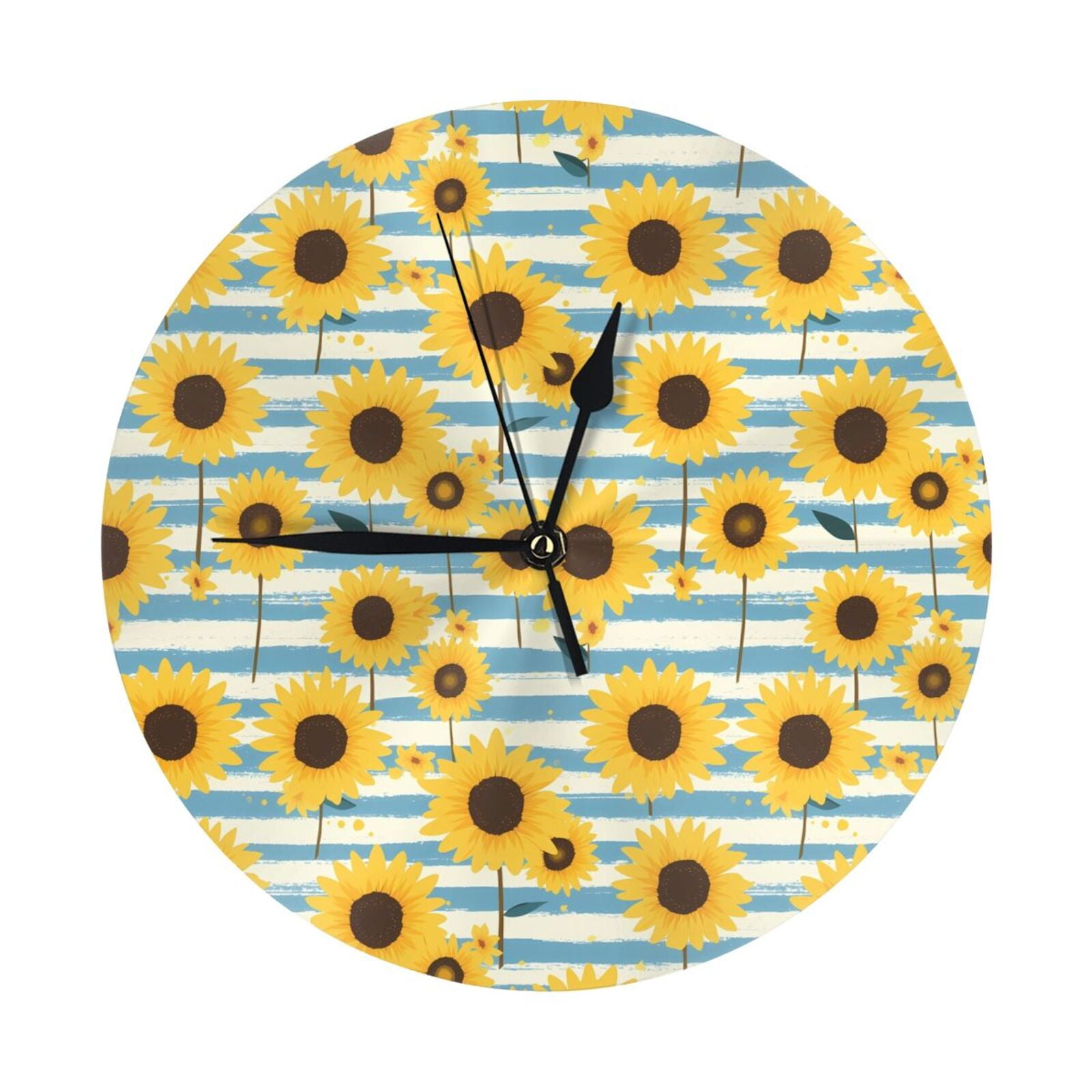 Wall Clock Blue White Striped Sunflower A Wall Clocks Battery Operated ...