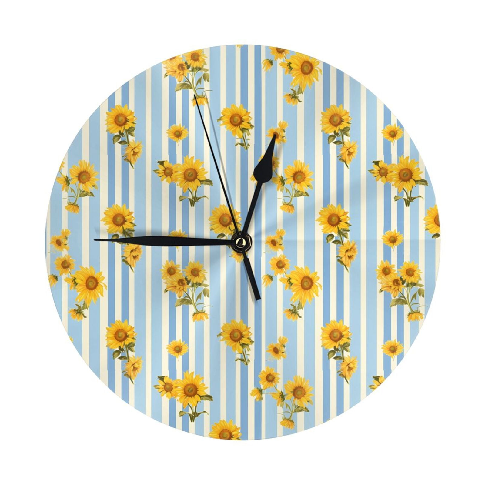 Wall Clock Blue White Striped Sunflower Wall Clocks Battery Operated ...