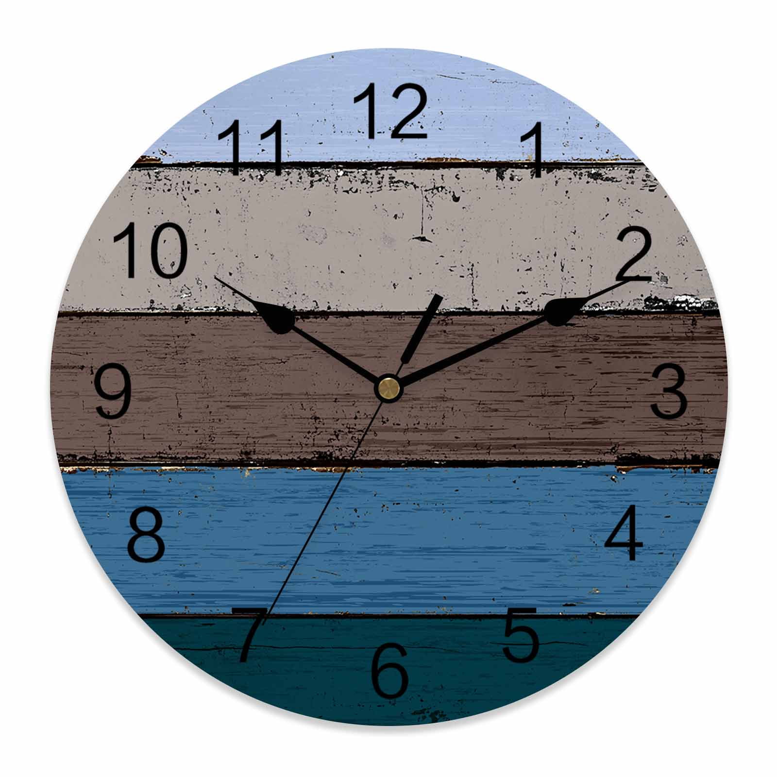 Wall Clock Blue Wood Grain Clocks PVC Silent Non-Ticking Battery ...