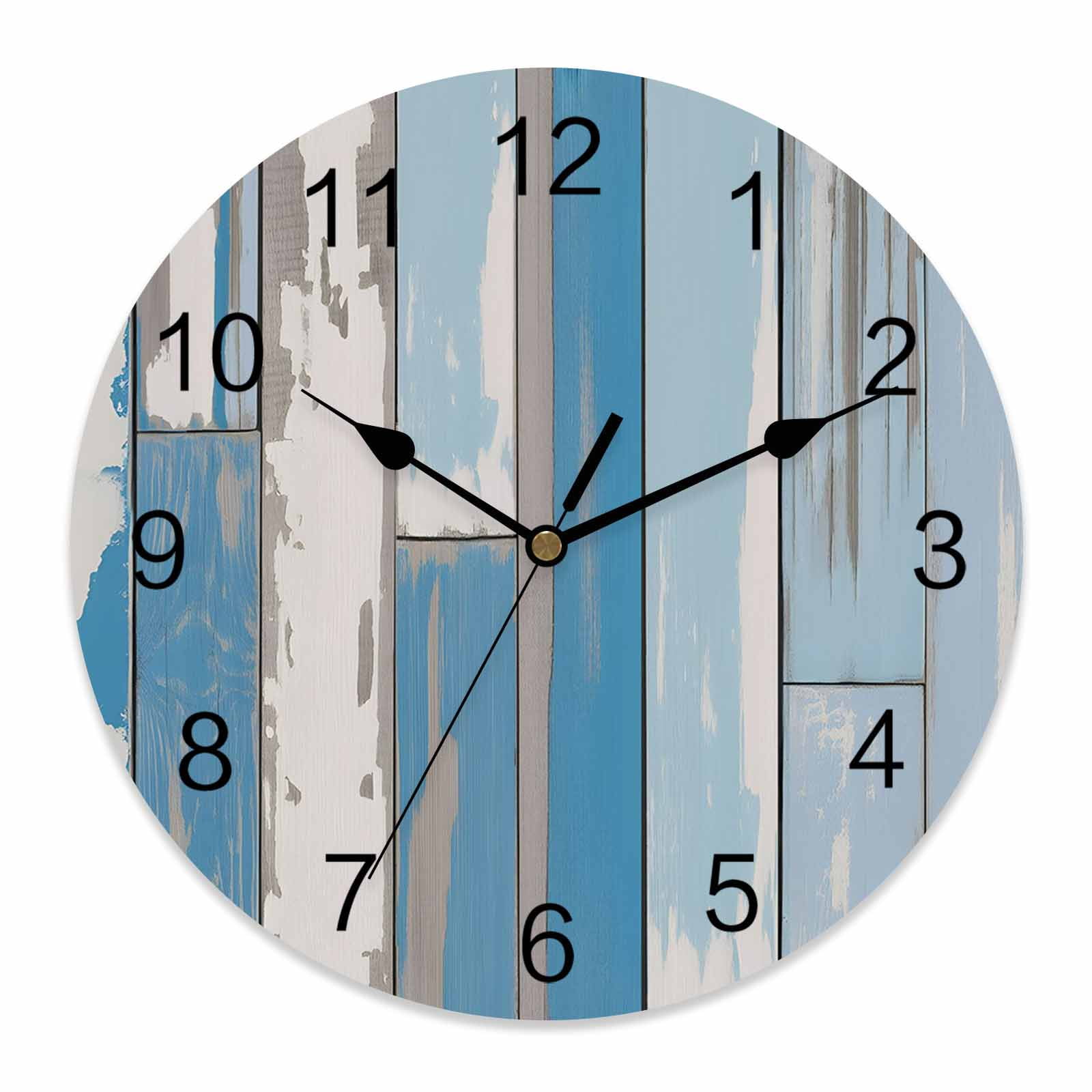 Wall Clock Blue Wood Grain Clocks PVC Silent Non-Ticking Battery ...