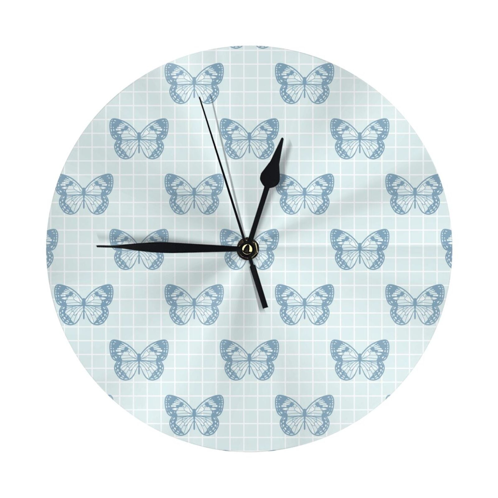 Wall Clock Blue butterfly checkered Wall Clocks Battery Operated ...