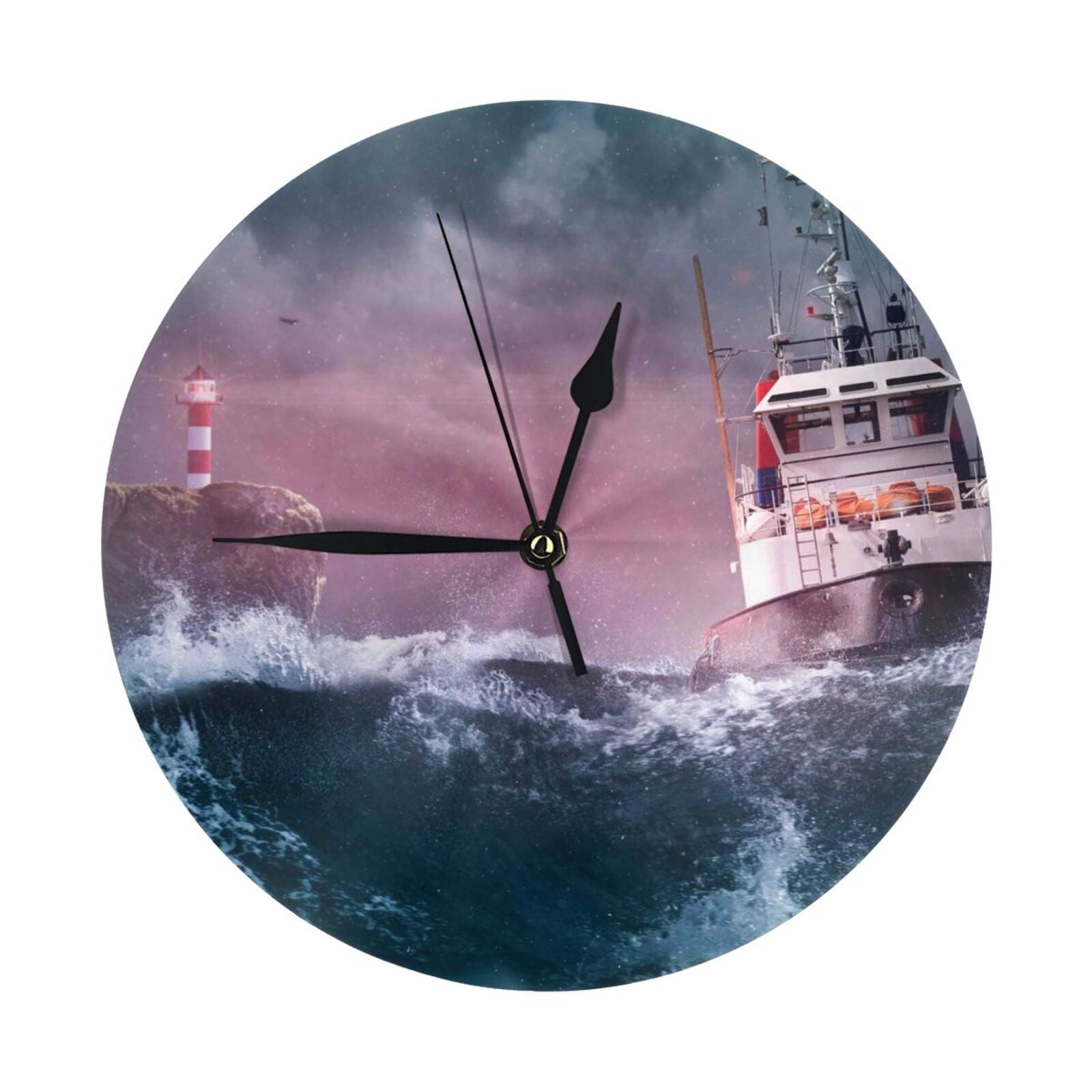 Wall Clock, Boat Lighthouse Storm Waves Wall Clocks Battery Operated ...