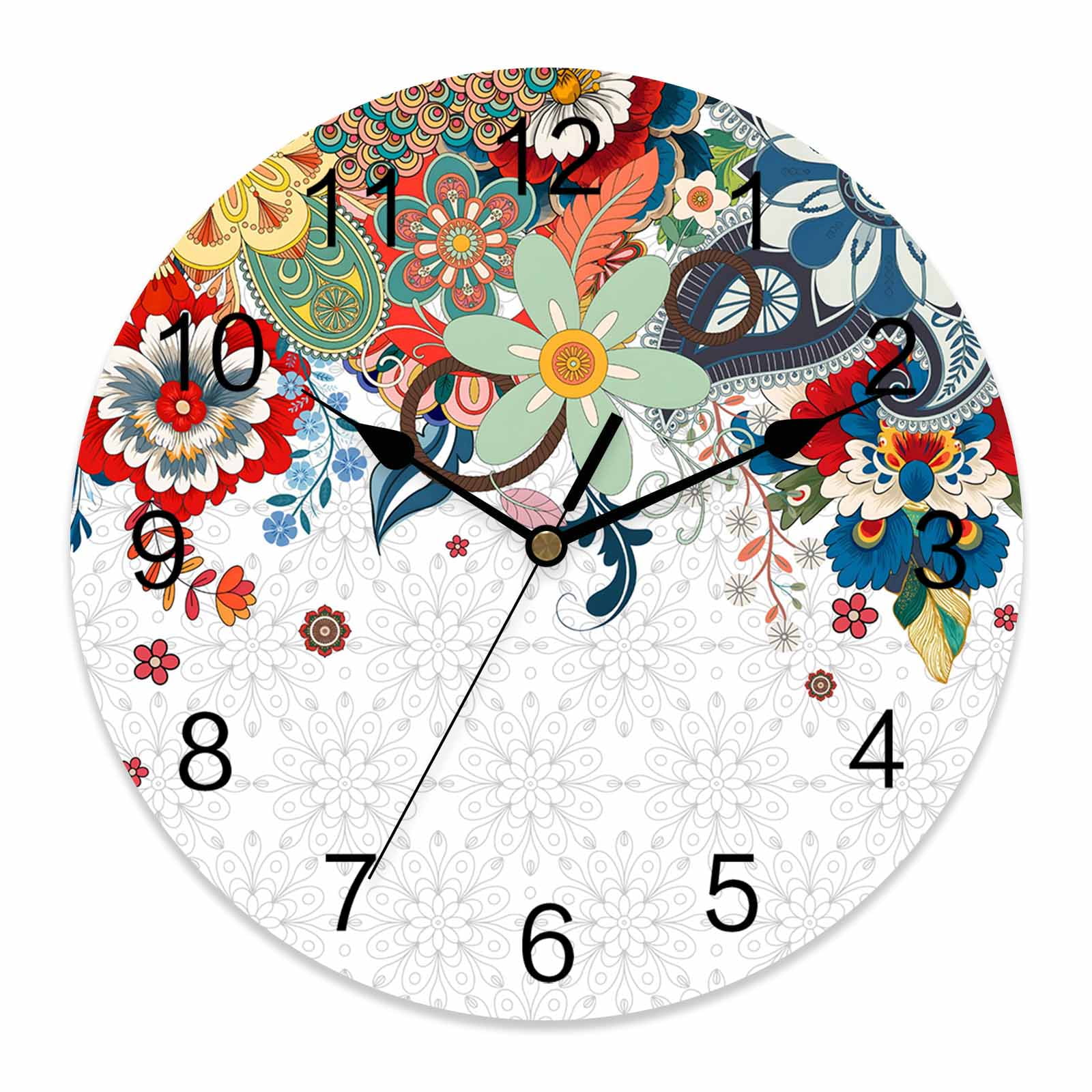 Wall Clock Boho Floral Clocks PVC Silent Non-Ticking Battery Operated ...