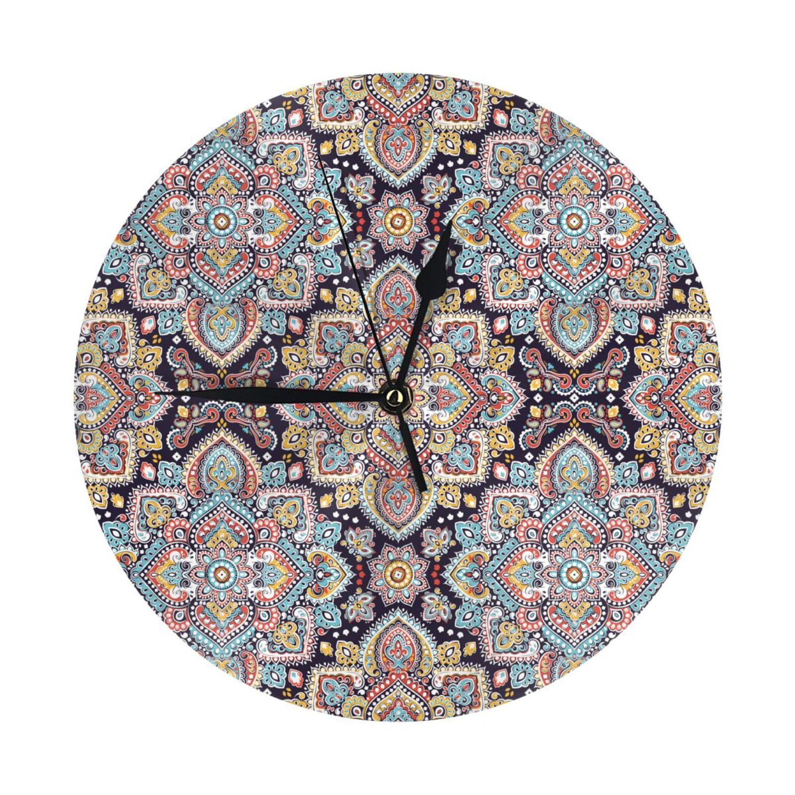Wall Clock, Boho Mandala Pattern Wall Clocks Battery Operated Silent Kitchen Office Wall Clock ...
