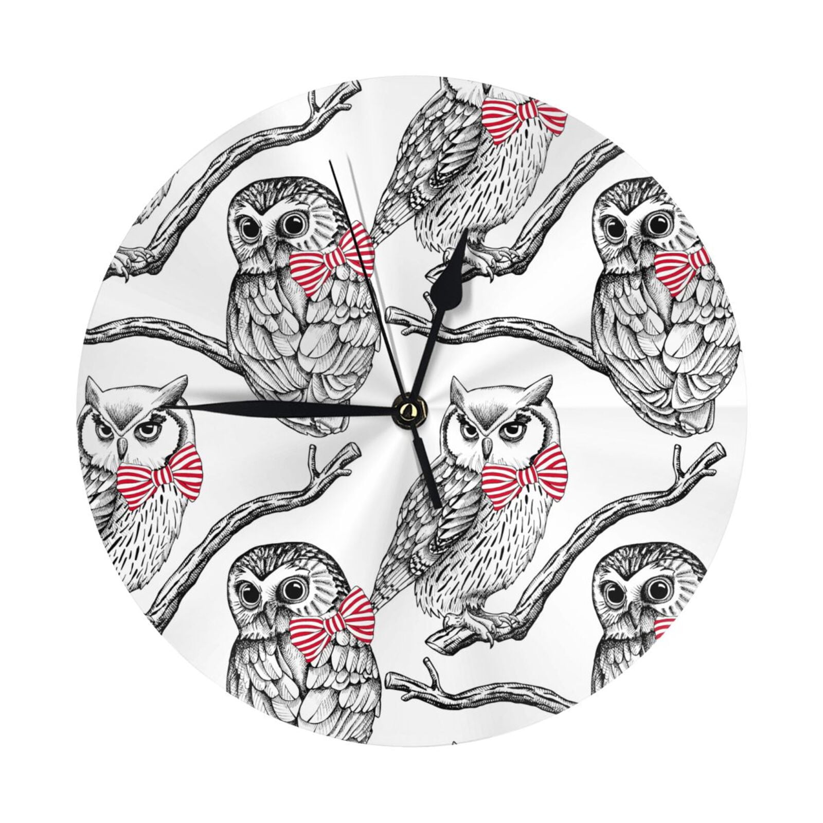 Wall Clock, Bow Tie Owl Wall Clocks Battery Operated Silent Kitchen ...