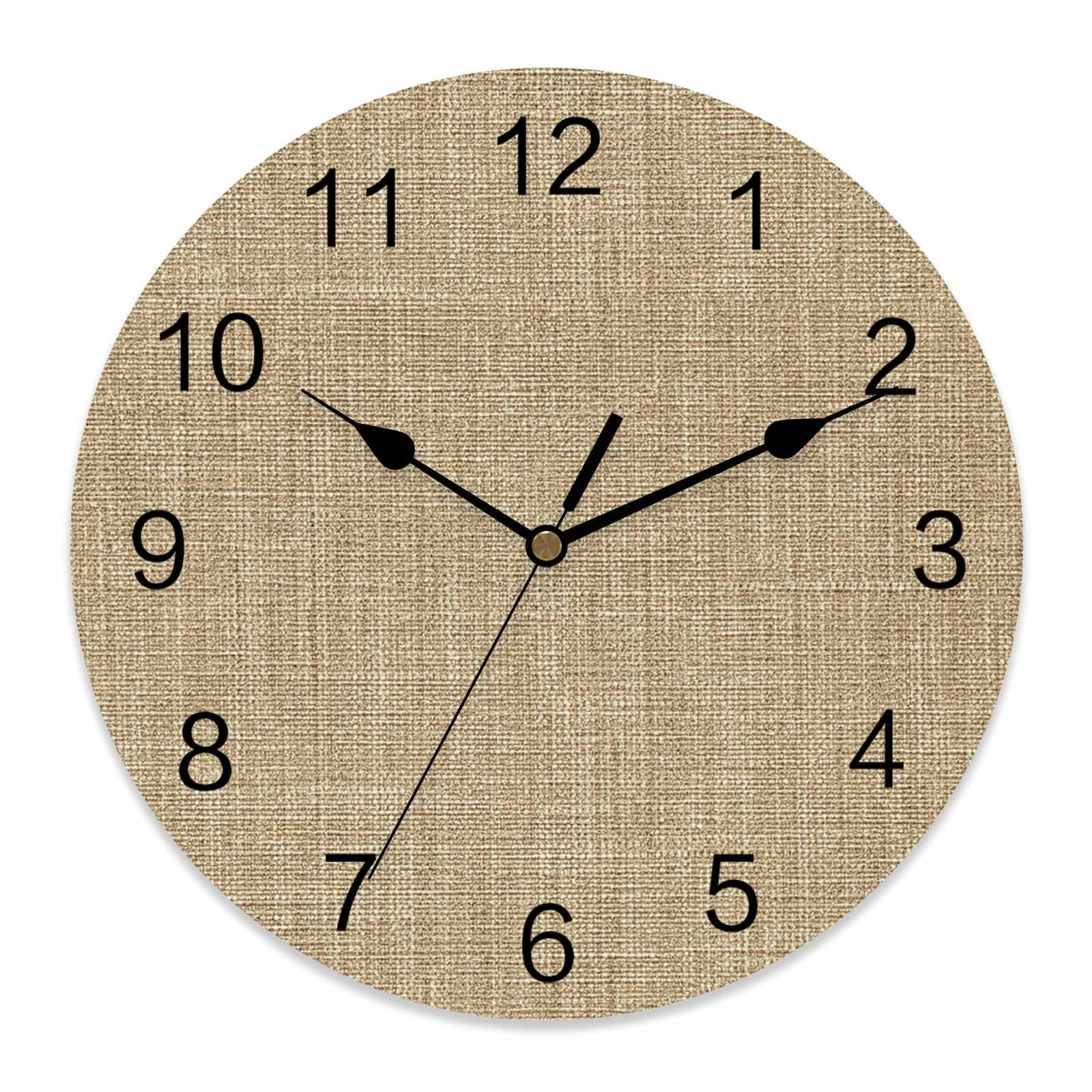 Wall Clock Brown Linen Texture Clocks PVC Silent Non-Ticking Battery ...