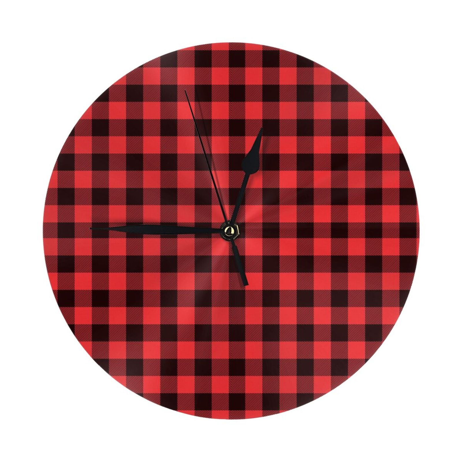 Wall Clock, Buffalo Plaid Red Black Wall Clocks Battery Operated Silent ...