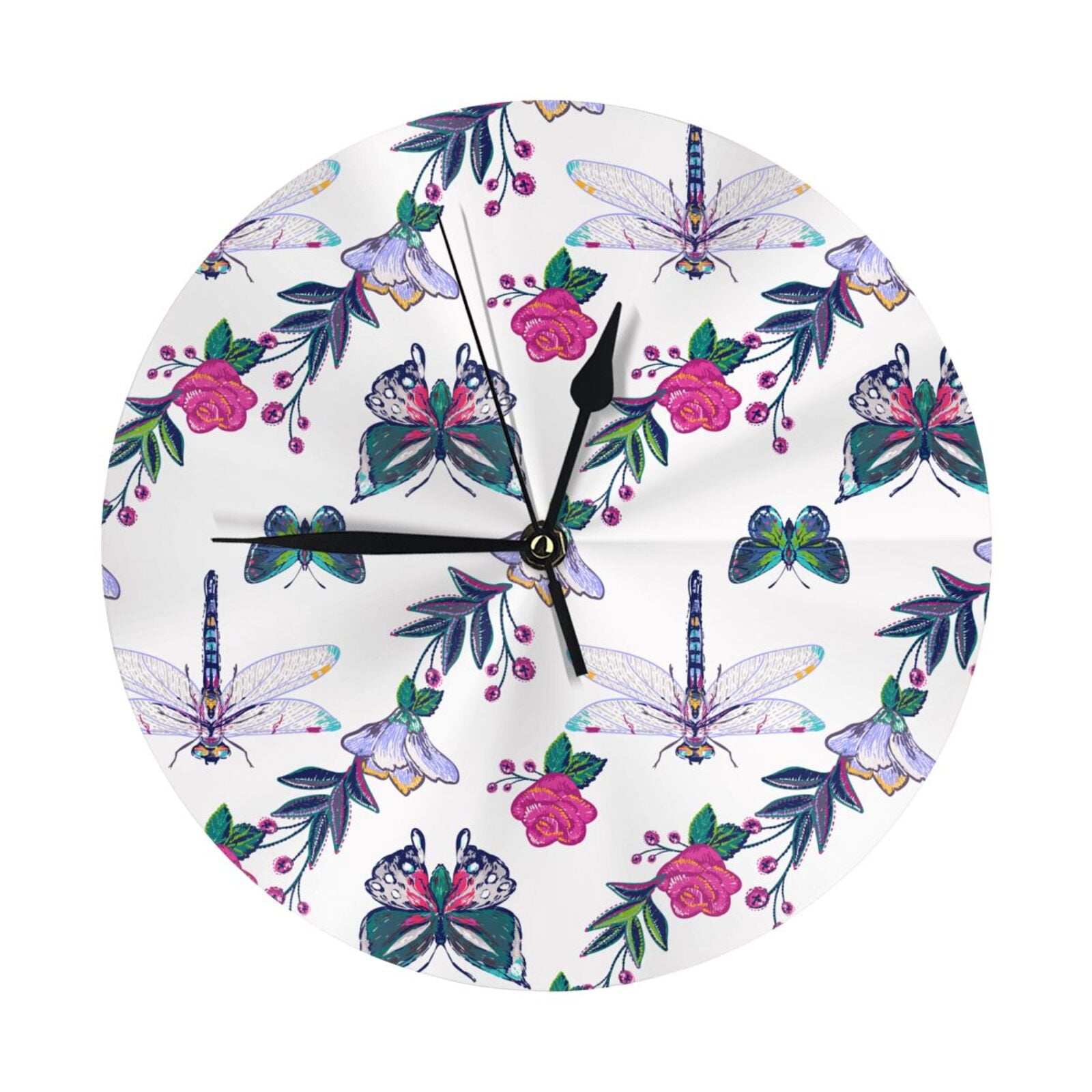 Wall Clock, Butterfly Dragonfly Plants Wall Clocks Battery Operated ...