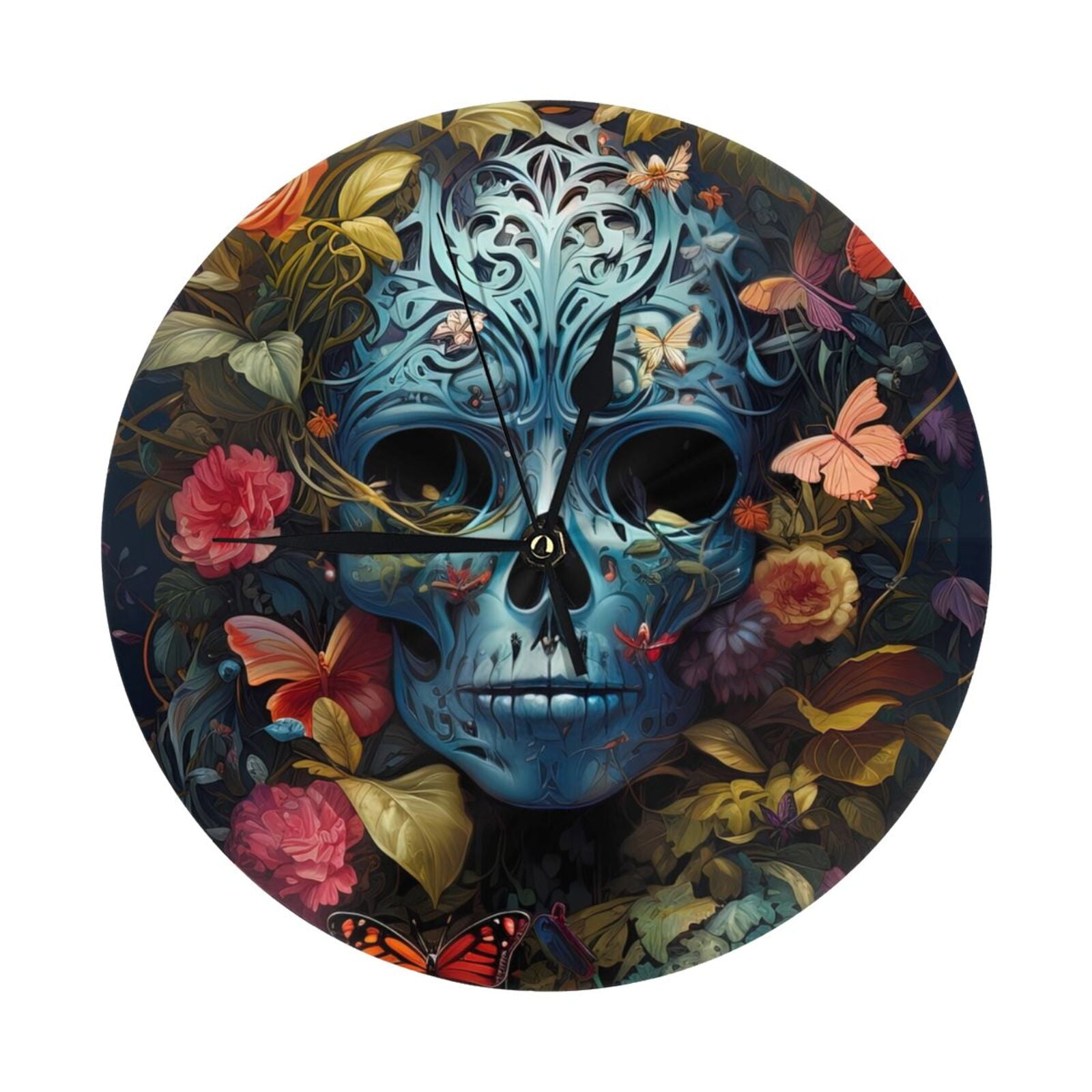 Wall Clock, Butterfly Flower Skull A Wall Clocks Battery Operated ...