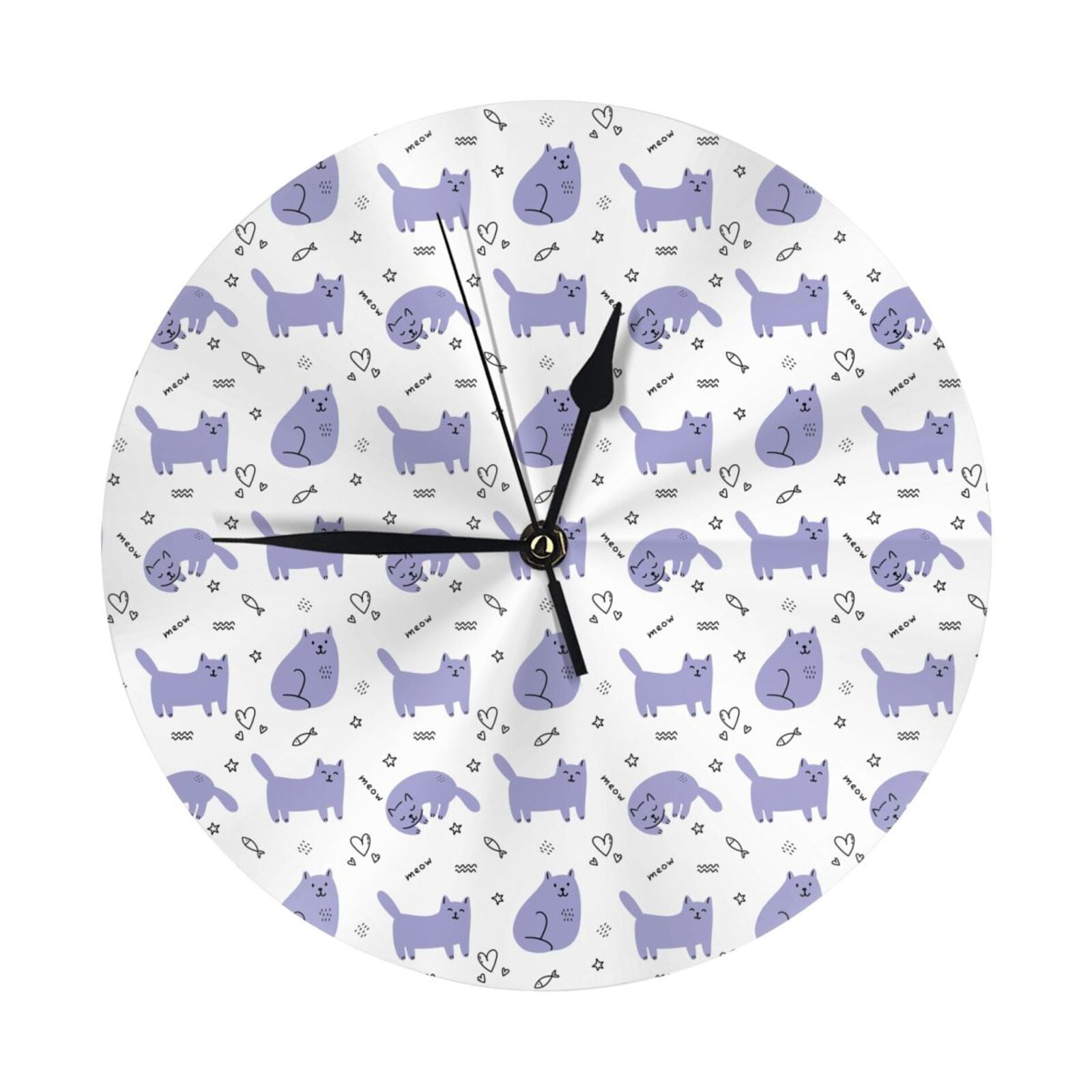 Wall Clock, Cartoon Cute Cat Purple Wall Clocks Battery Operated Silent ...