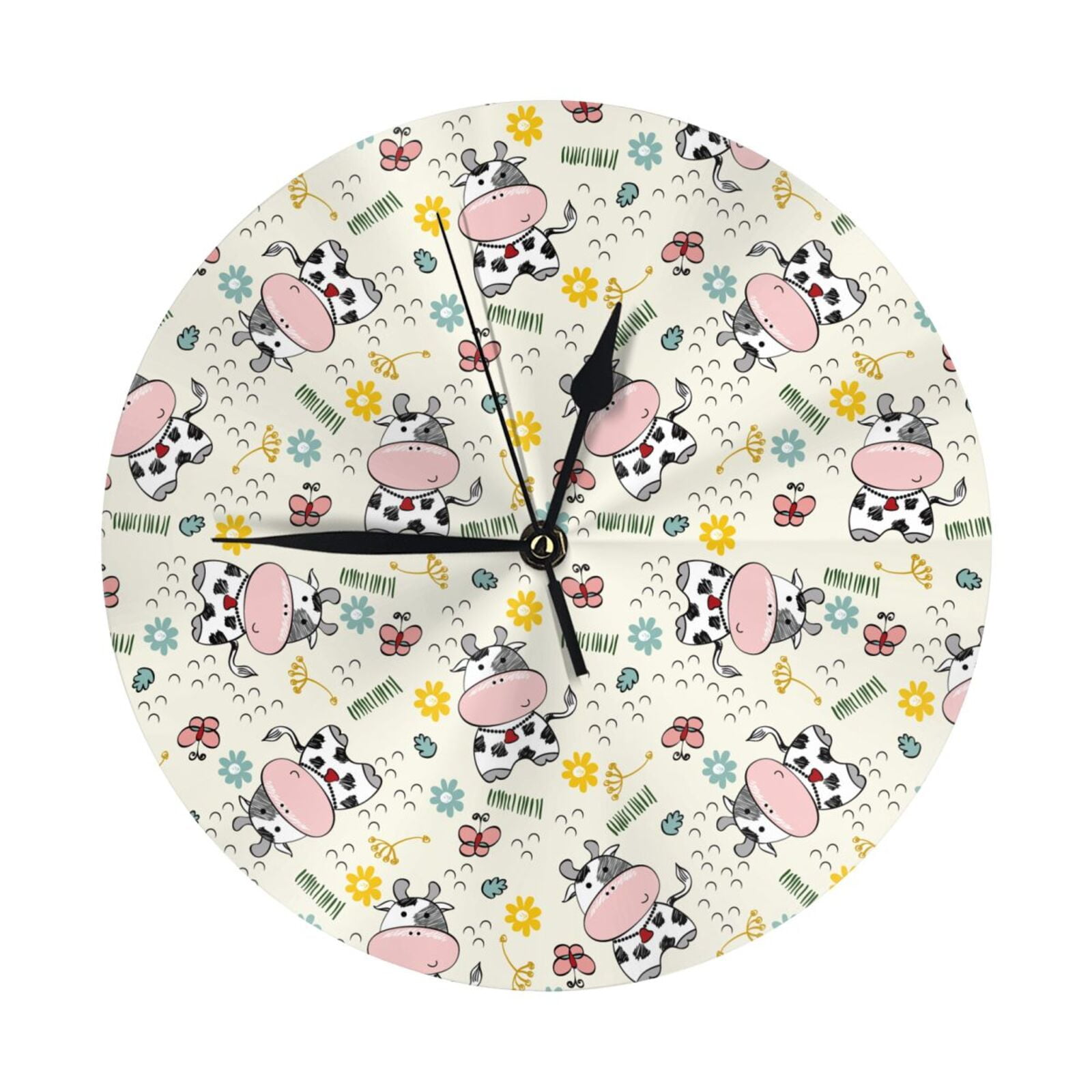 Wall Clock, Cartoon Cute Cow Butterfly Wall Clocks Battery Operated ...