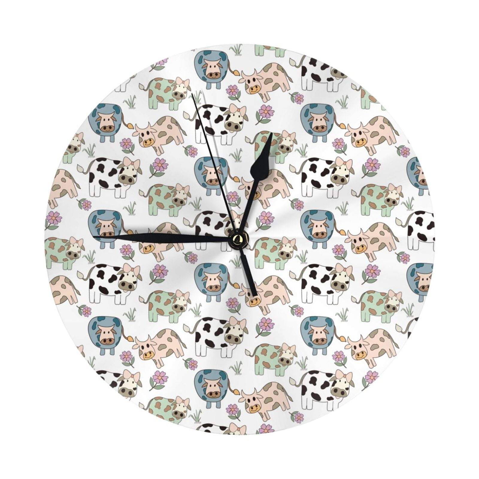 Wall Clock, Cartoon Cute Cow Flower Funny Wall Clocks Battery Operated ...