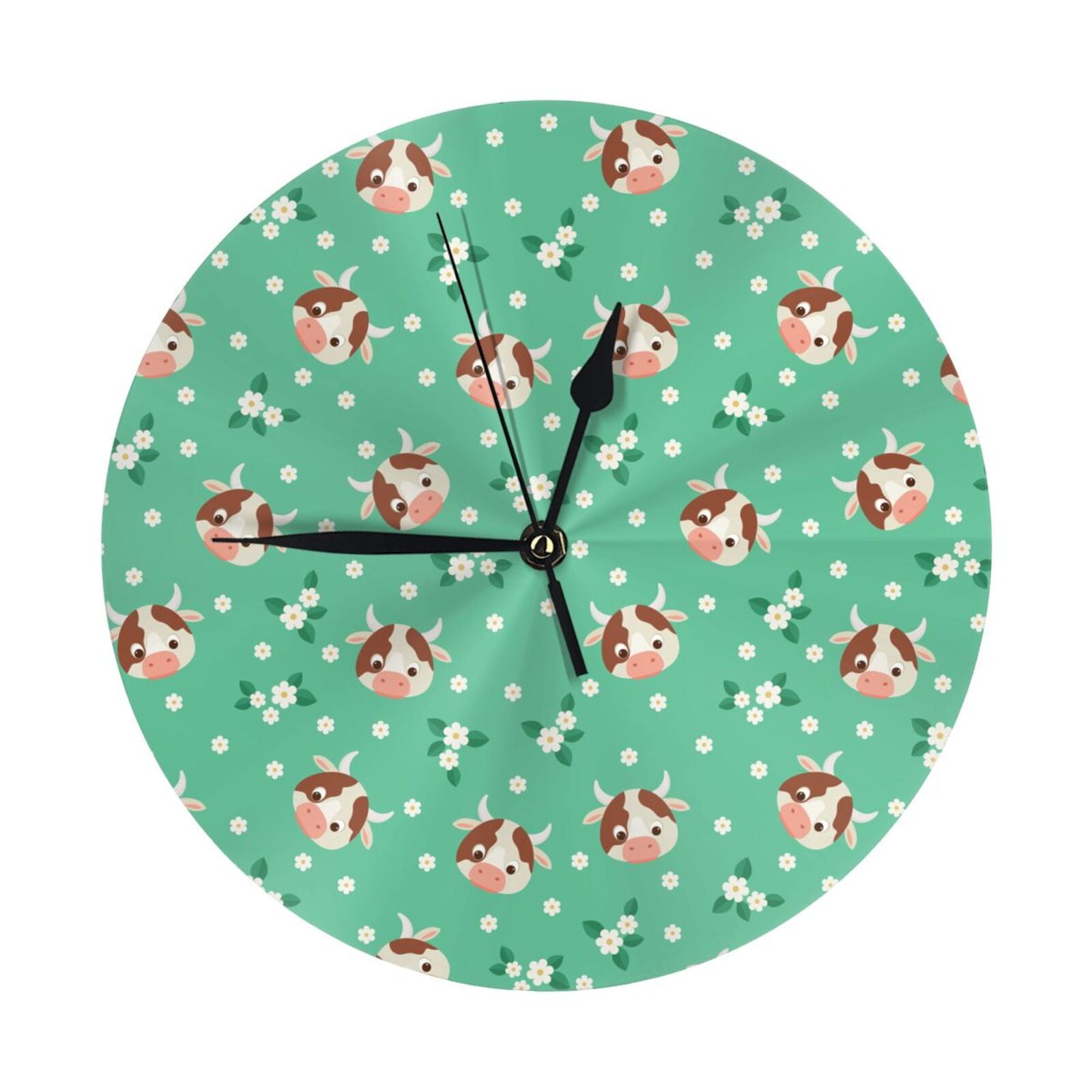 Wall Clock - Cartoon Cute Cow Head Flower 9.8 Inch Silent Non Ticking ...