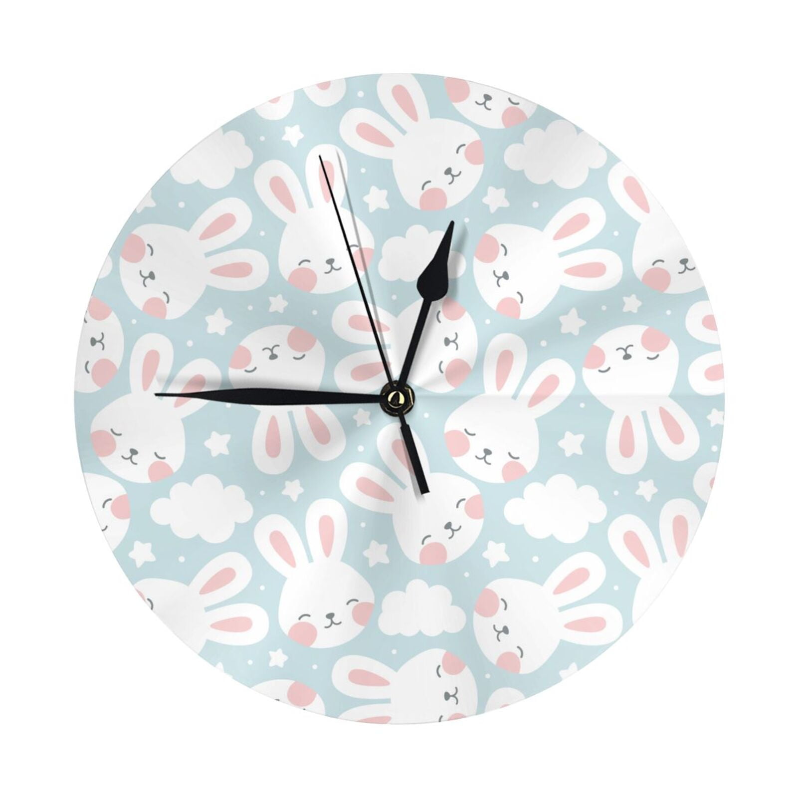 Wall Clock, Cartoon Cute Rabbit Face Stars Wall Clocks Battery Operated ...
