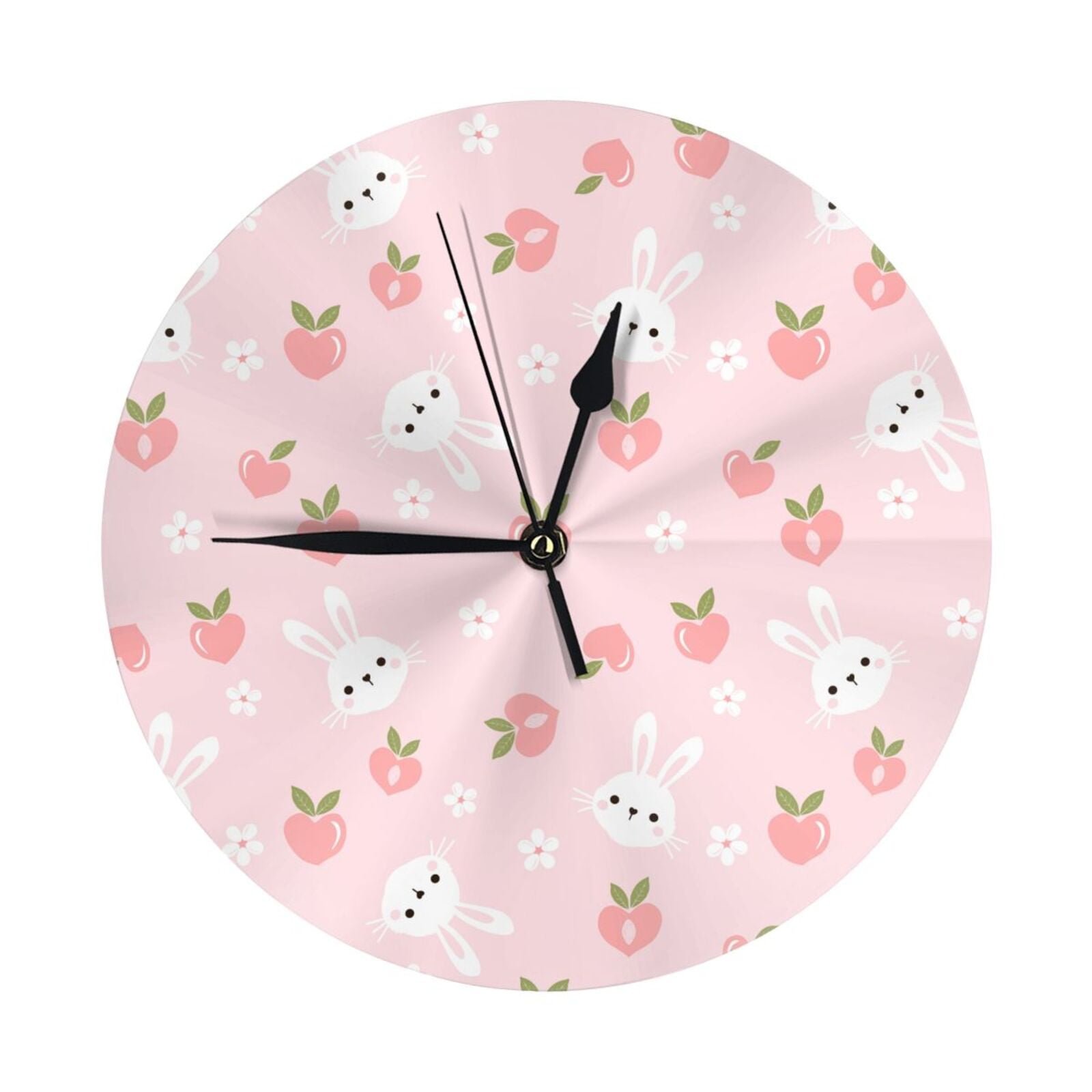 Wall Clock, Cartoon Cute Rabbit Flower Pink Wall Clocks Battery ...