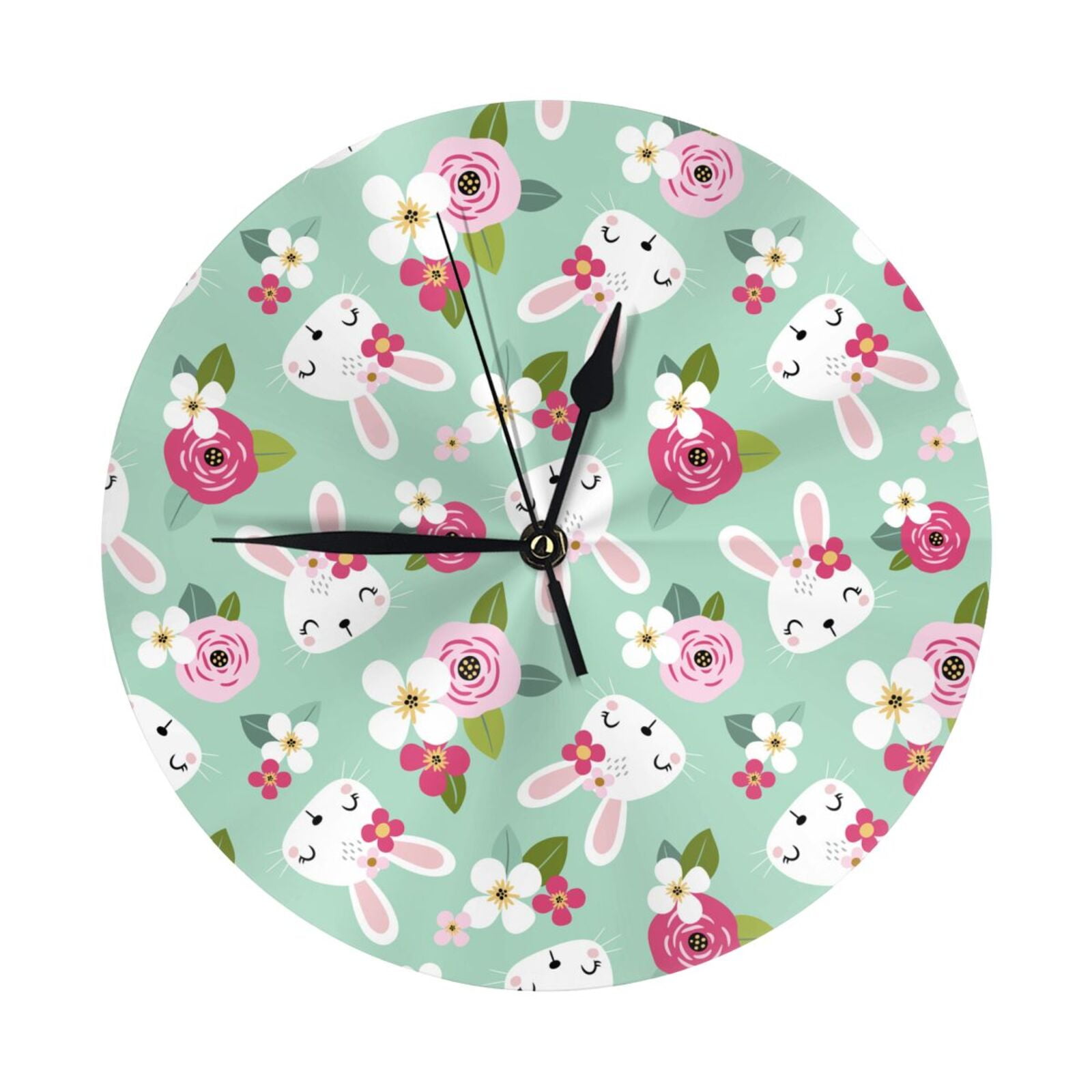 Wall Clock Cartoon Cute Rabbit Flower Rose_A Wall Clocks Battery ...
