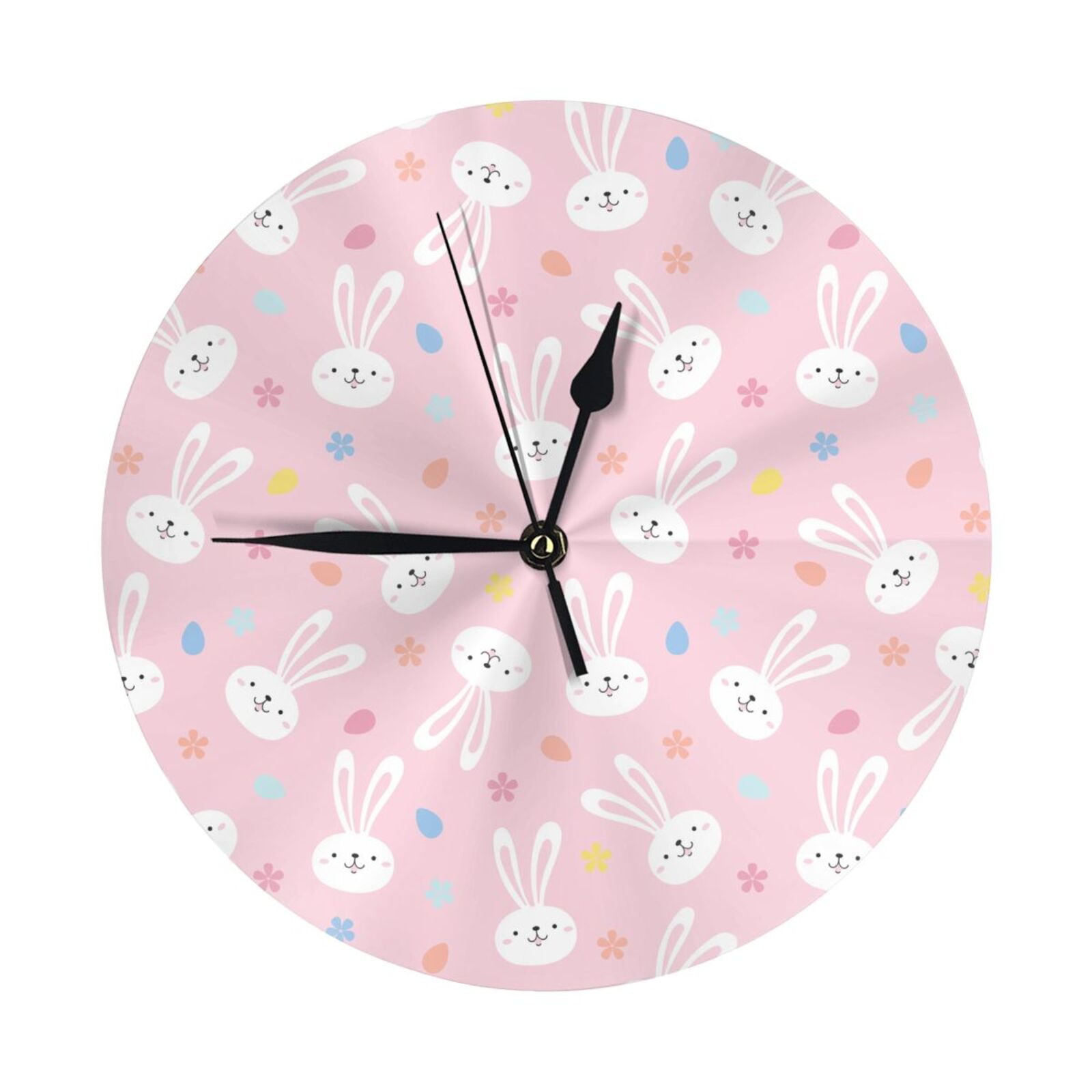 Wall Clock, Cartoon Cute Rabbit Pink Flower Wall Clocks Battery ...