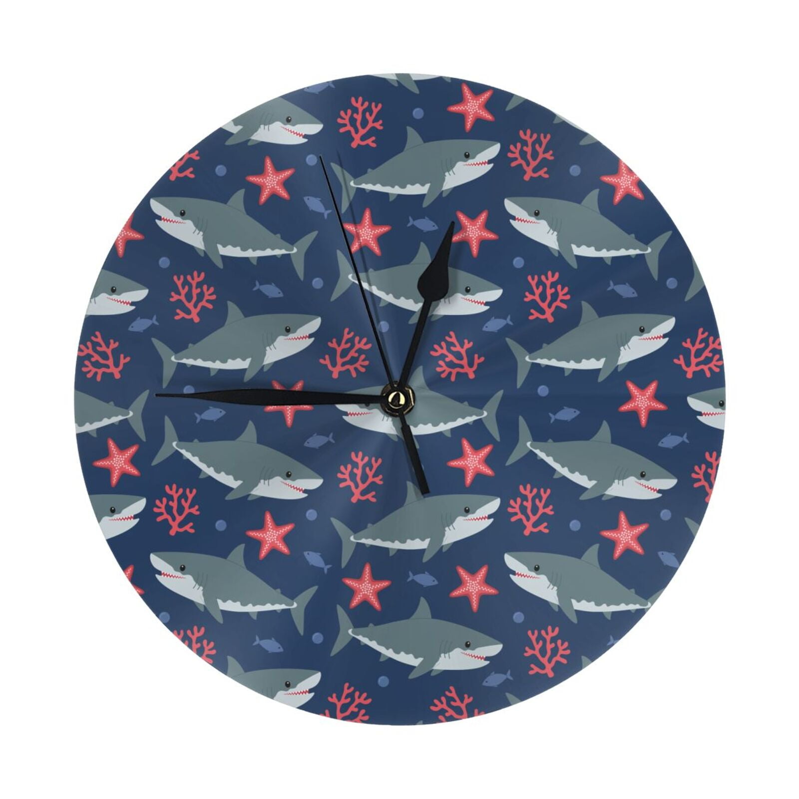 Wall Clock - Cartoon Cute Shark Starfish 9.8 Inch Silent Non Ticking ...