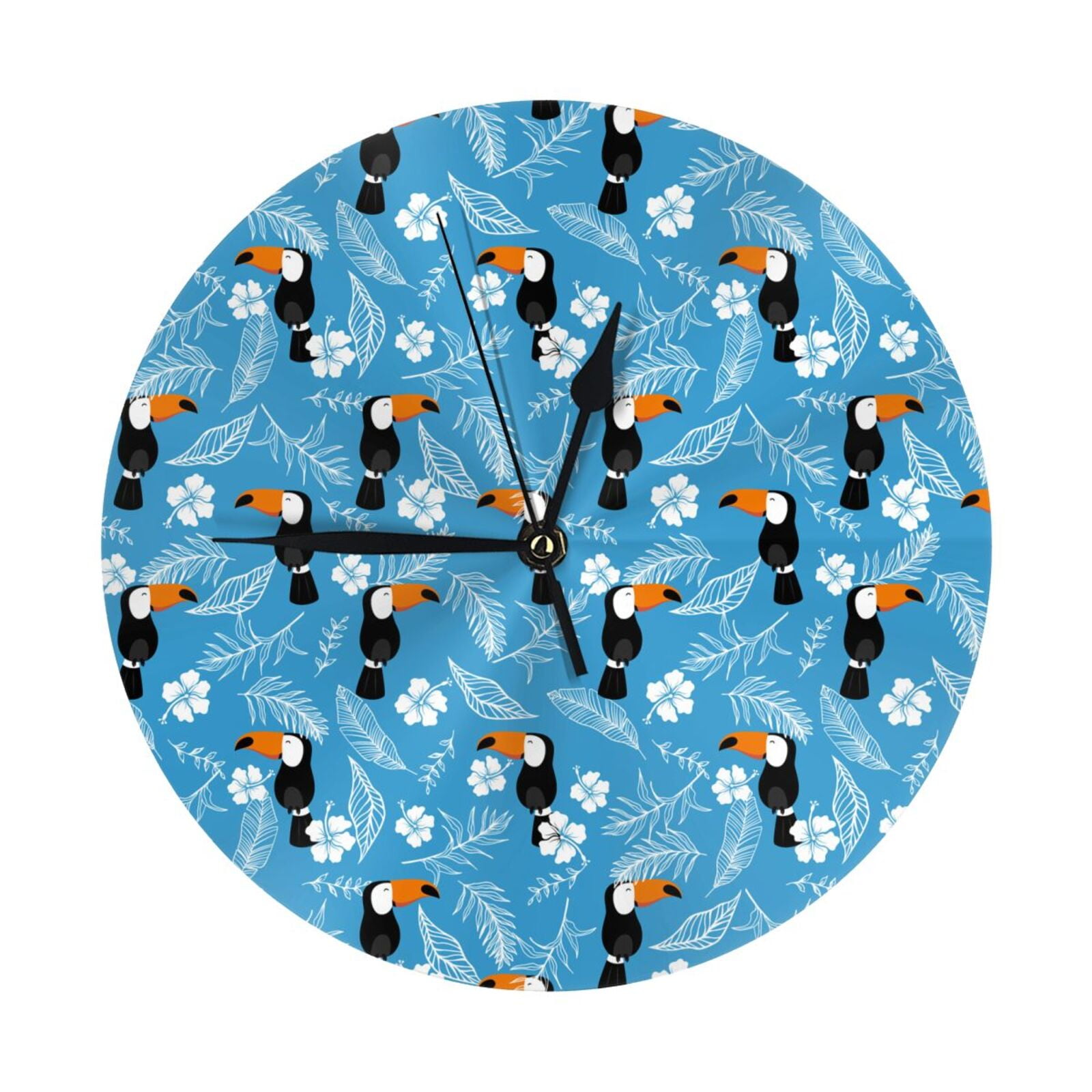 Wall Clock Cartoon Cute Toucan Leaves Blue Wall Clocks Battery Operated ...