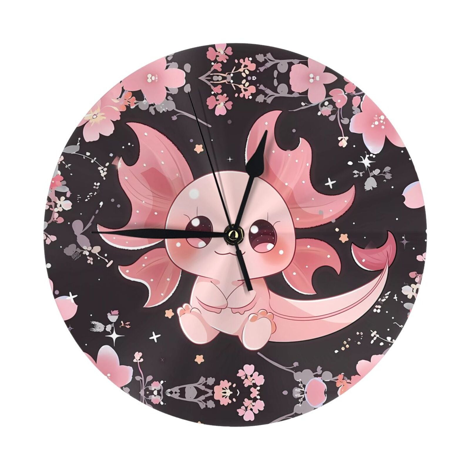 Wall Clock - Chibi Axolotl Sakura Fantasy 9.8 Inch Silent Non Ticking ...