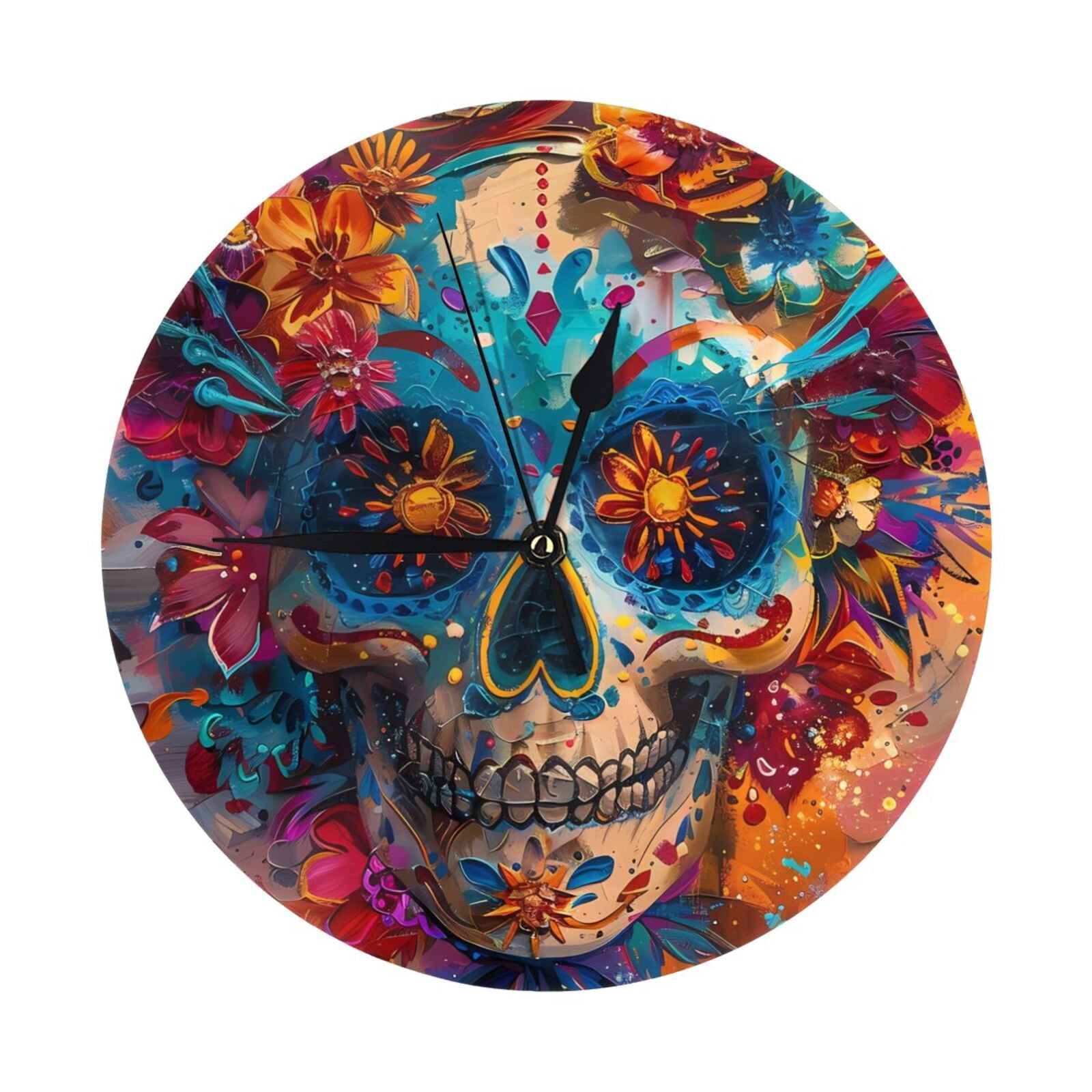 Wall Clock, Colorful Floral Skull A Wall Clocks Battery Operated Silent ...