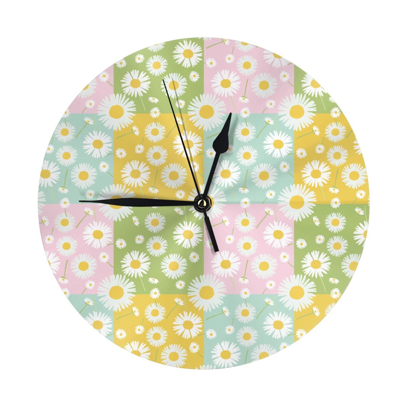 Wall Clock Colorful Squares Daisies Flowers Wall Clocks Battery ...