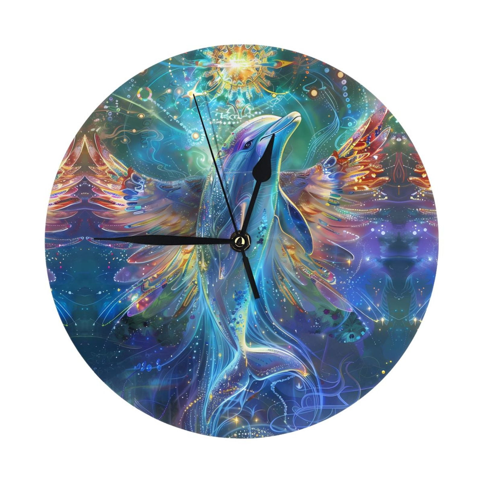 Wall Clock, Colorful Winged Dolphin Wall Clocks Battery Operated Silent ...