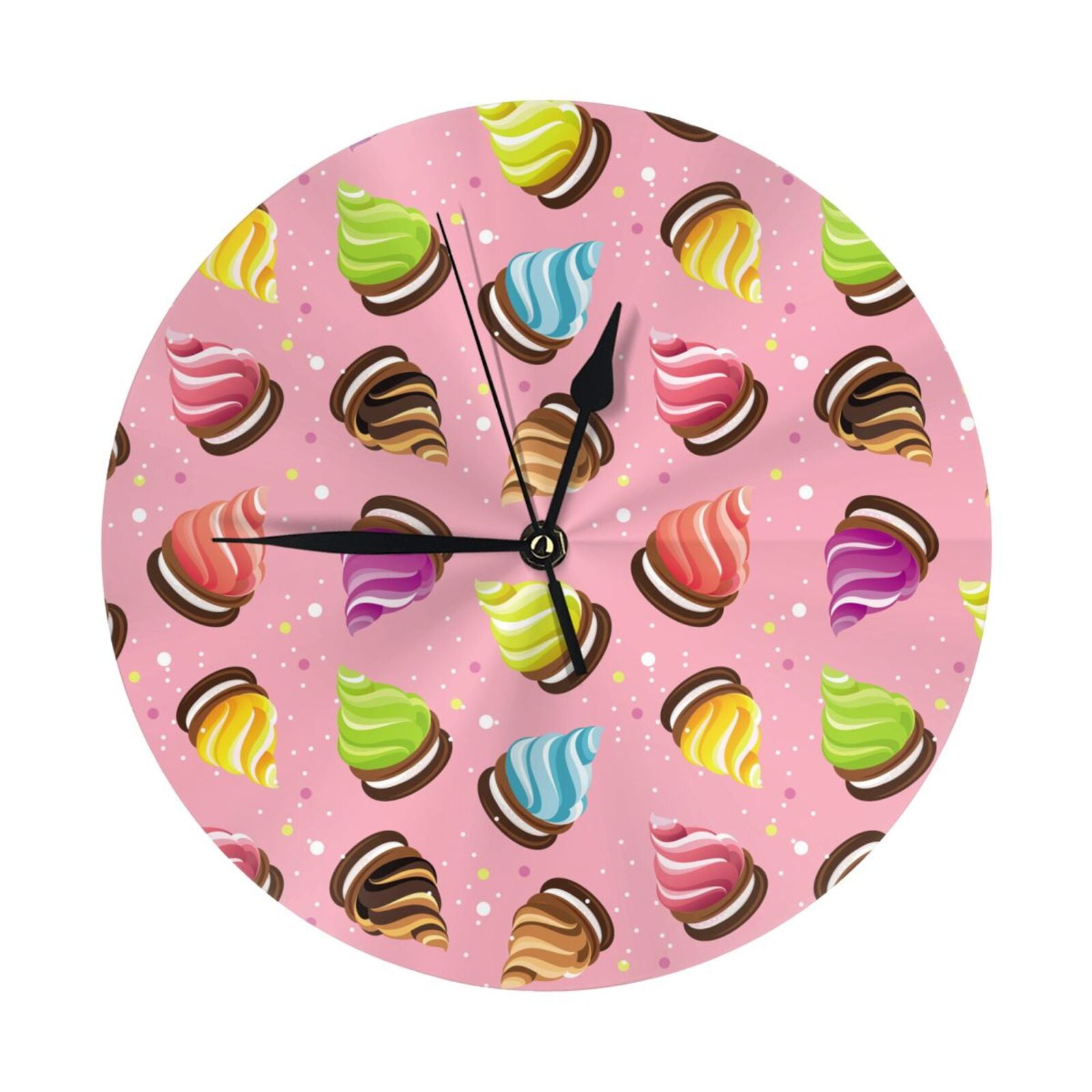 Wall Clock, Colourful Ice Cream Print Pink Wall Clocks Battery Operated ...
