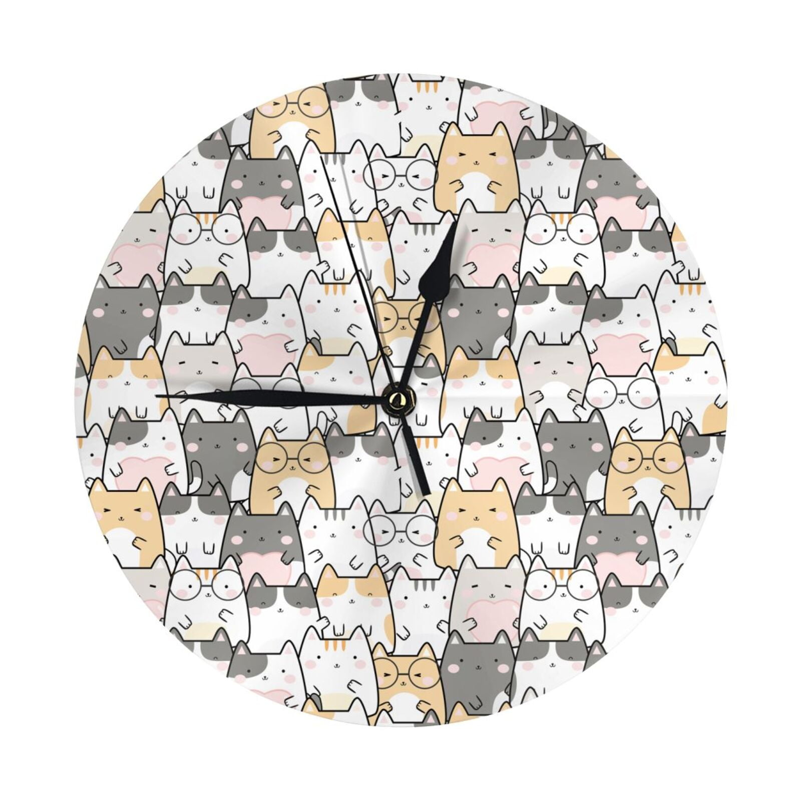 Wall Clock - Comic Style Color Line Cartoon Cat 9.8 Inch Silent Non ...