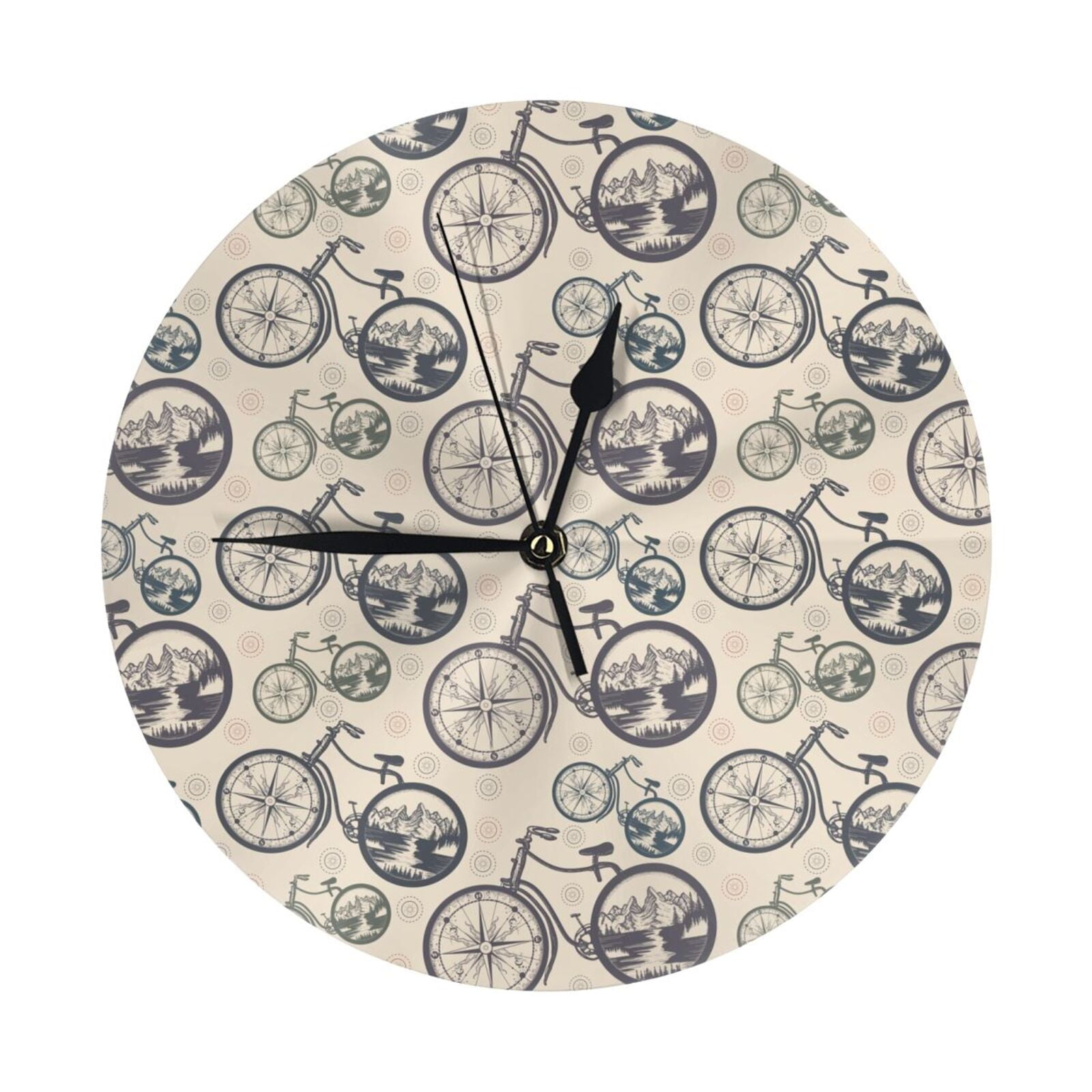 Wall Clock, Compass And Mountains In Bicycle Wheels Wall Clocks Battery ...