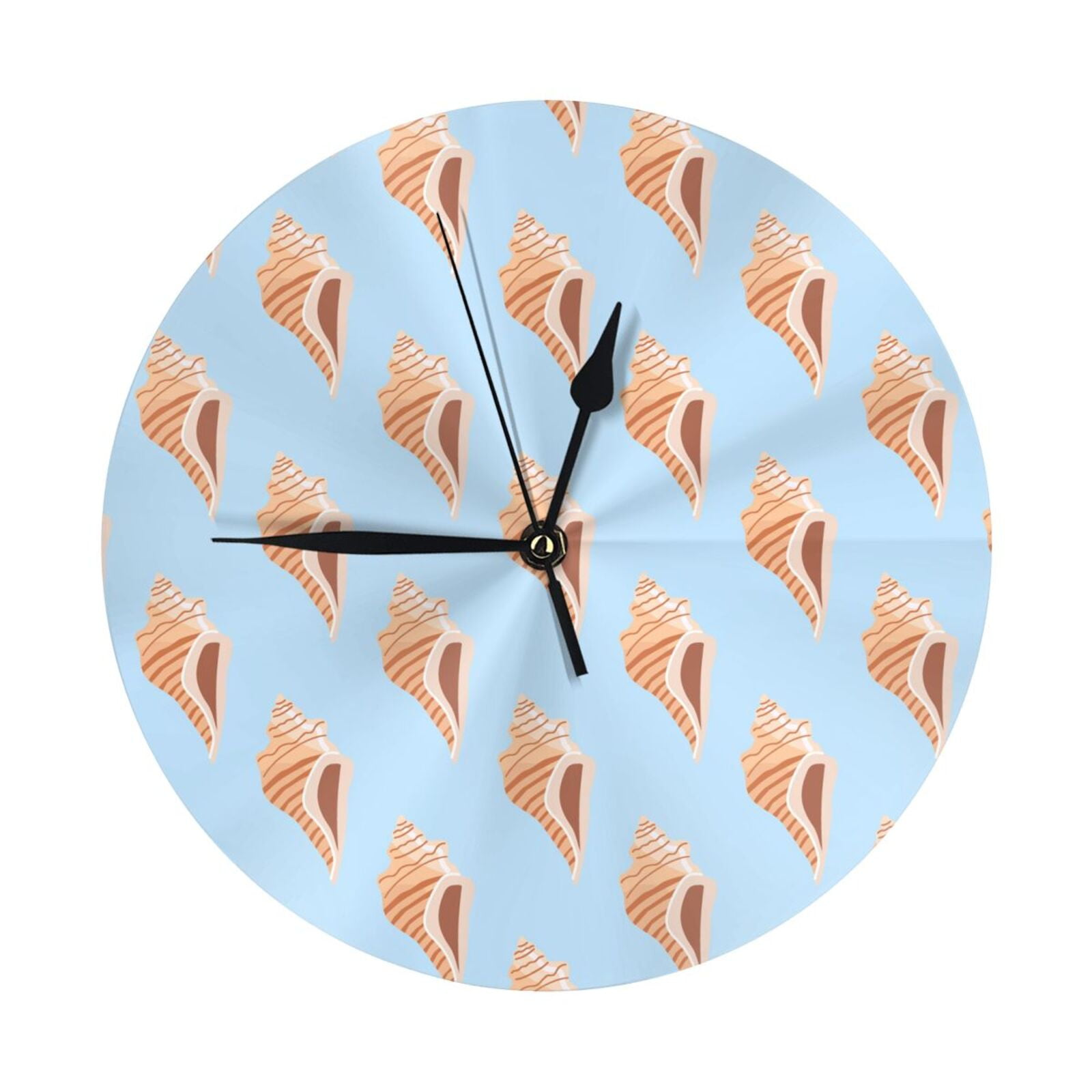 Wall Clock, Conch Print Light Blue Wall Clocks Battery Operated Silent ...