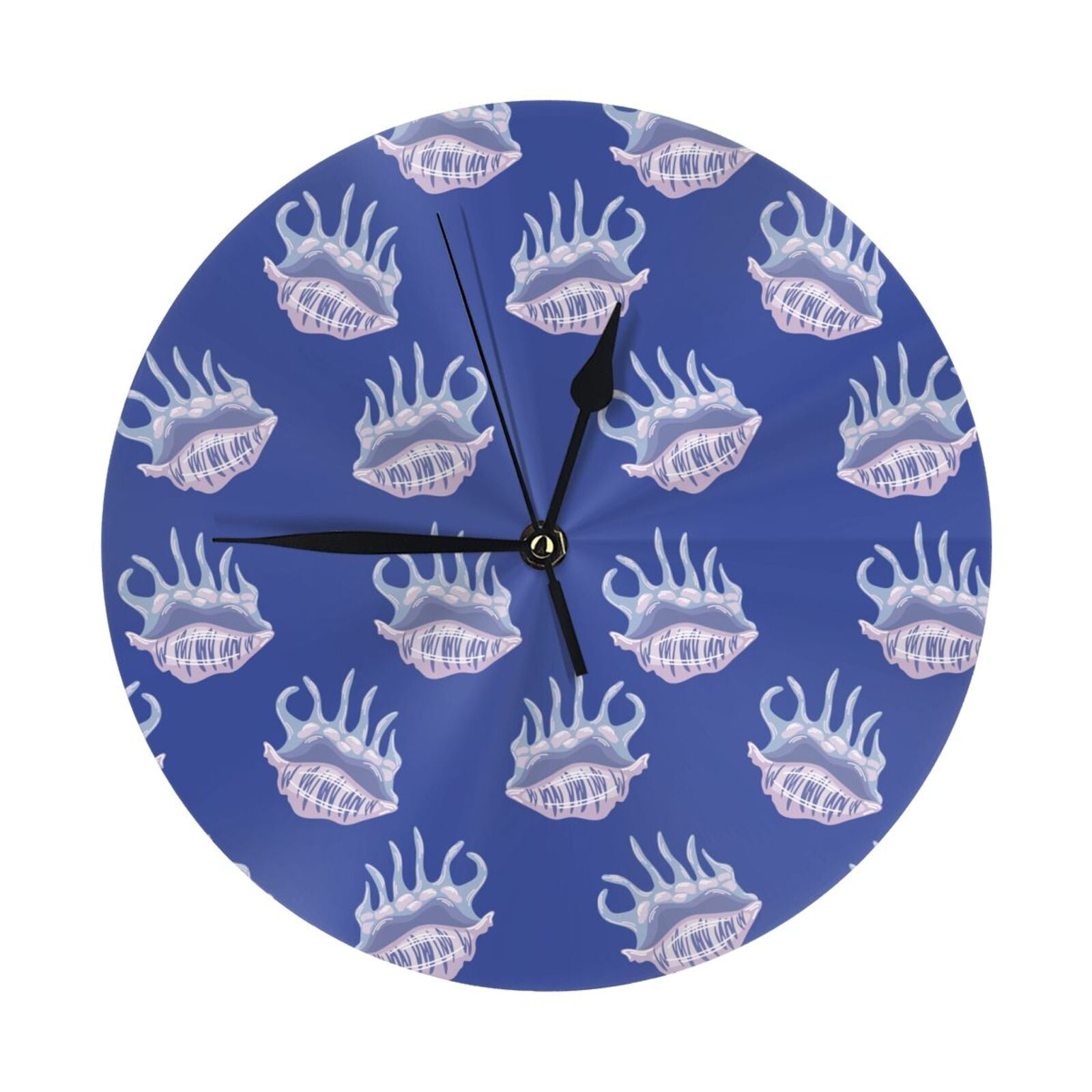 Wall Clock, Conch Print Navy Blue Wall Clocks Battery Operated Silent ...