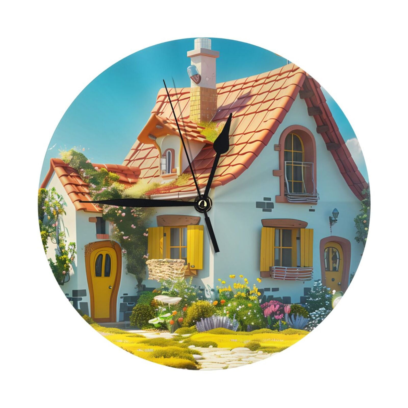 Wall Clock - Cozy Cartoon Backyard 9.8 Inch Silent Non Ticking Modern ...