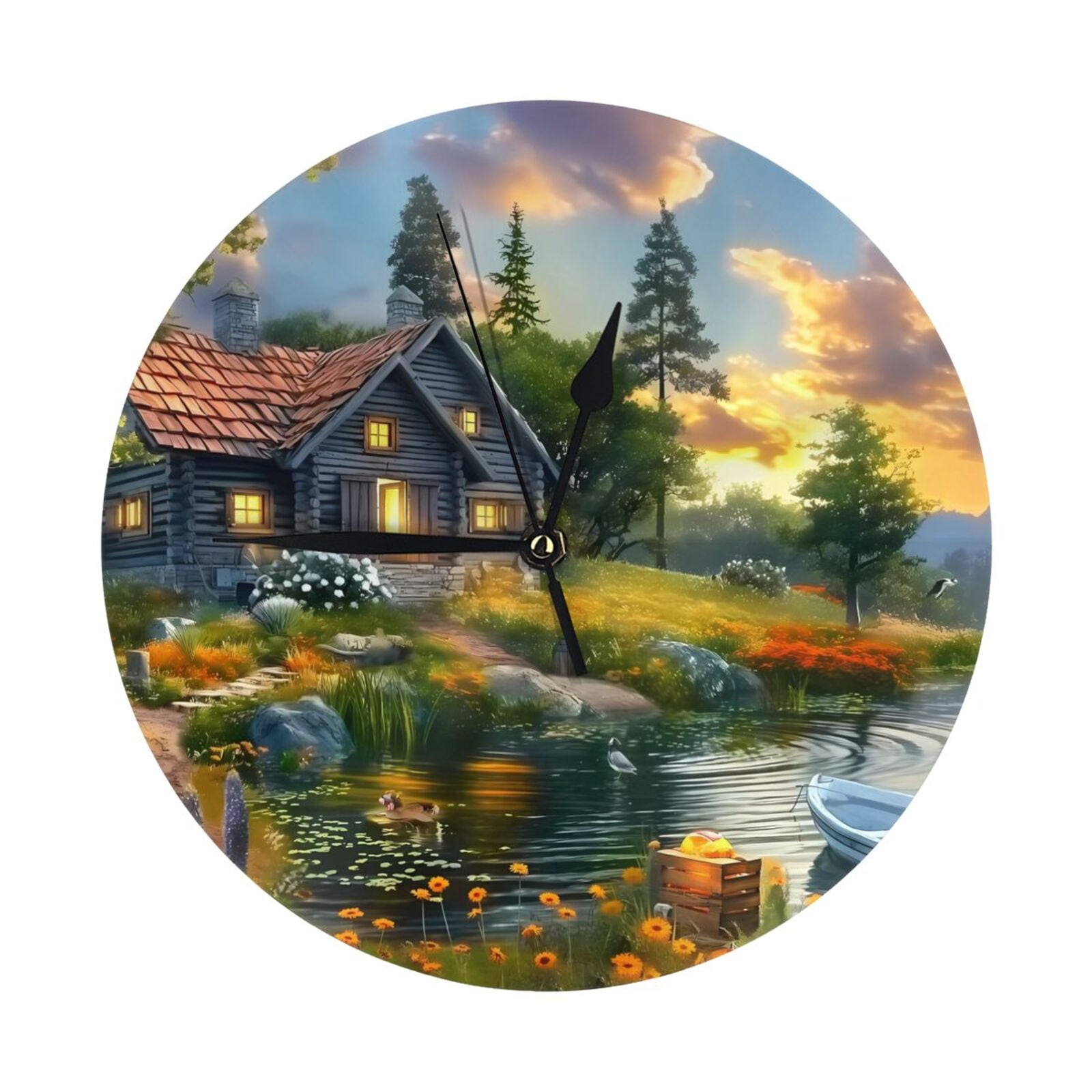 Wall Clock, Cozy Cottage Lakeside Sunset Wall Clocks Battery Operated ...
