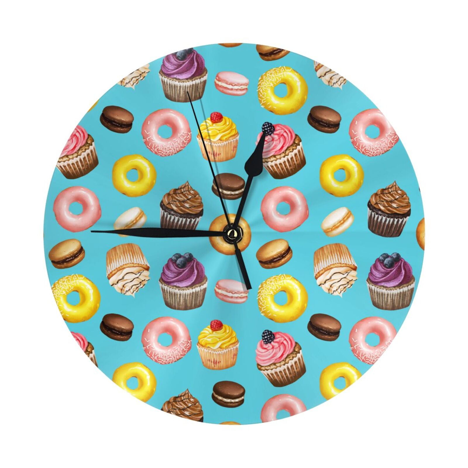 Wall Clock, Cupcake Donut Macaroon Prints Wall Clocks Battery Operated ...