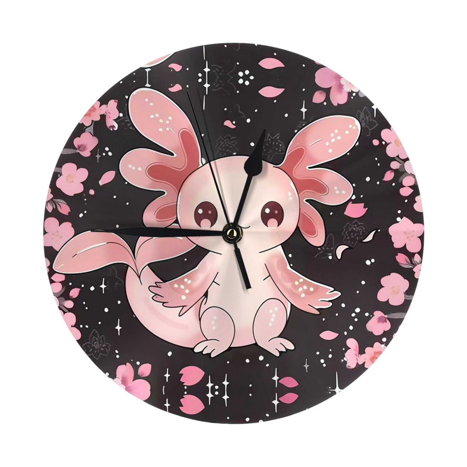 Wall Clock, Cute Axolotl Sakura Blossoms Wall Clocks Battery Operated ...
