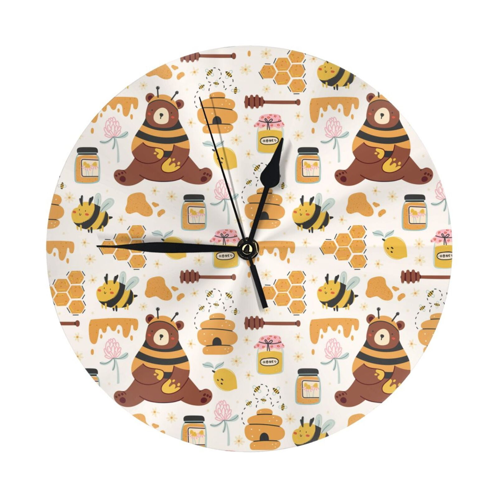Wall Clock Cute Bee Honey Jar Hive Bear Wall Clocks Battery Operated ...