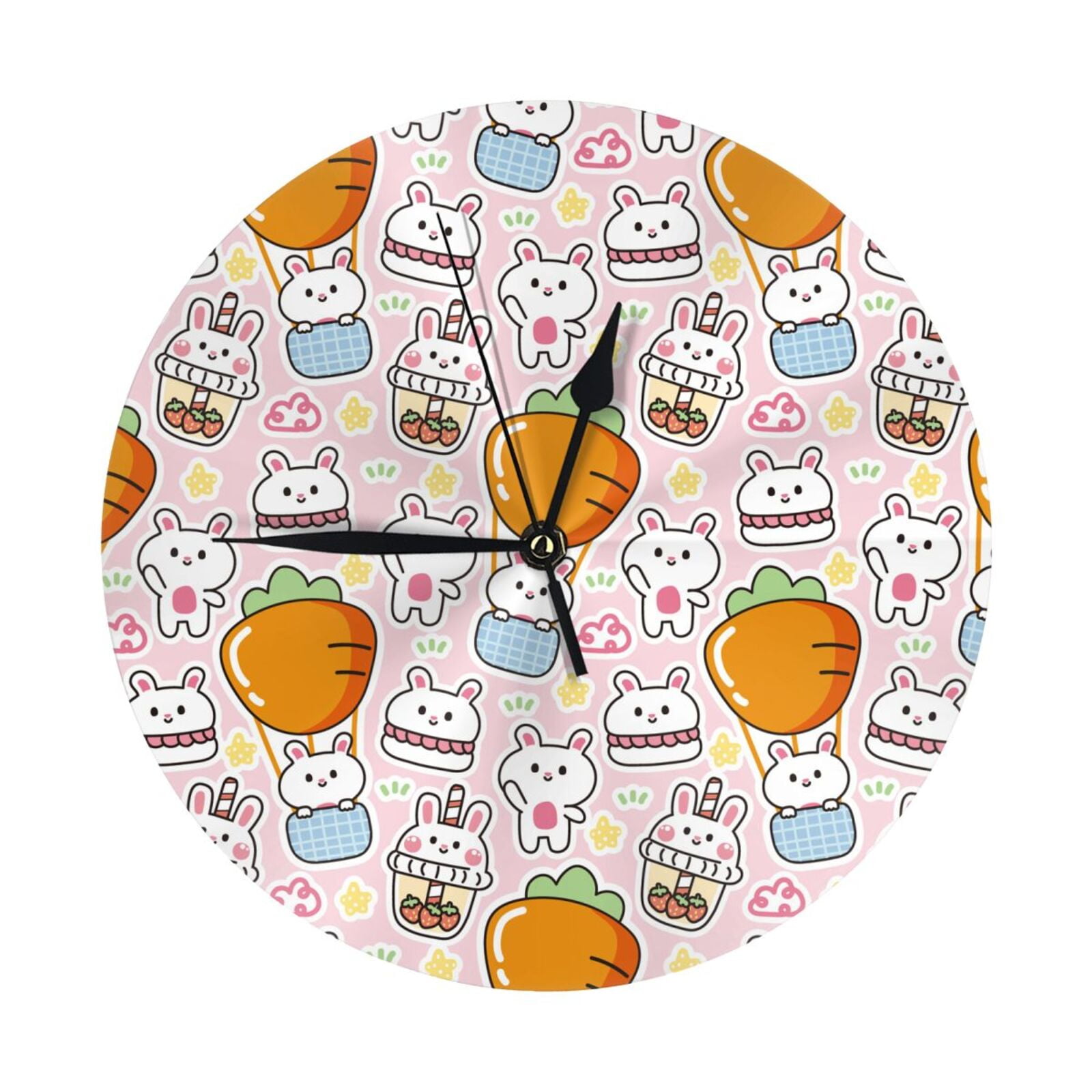 Wall Clock, Cute Bunny Carrot Bottle Pink Wall Clocks Battery Operated ...