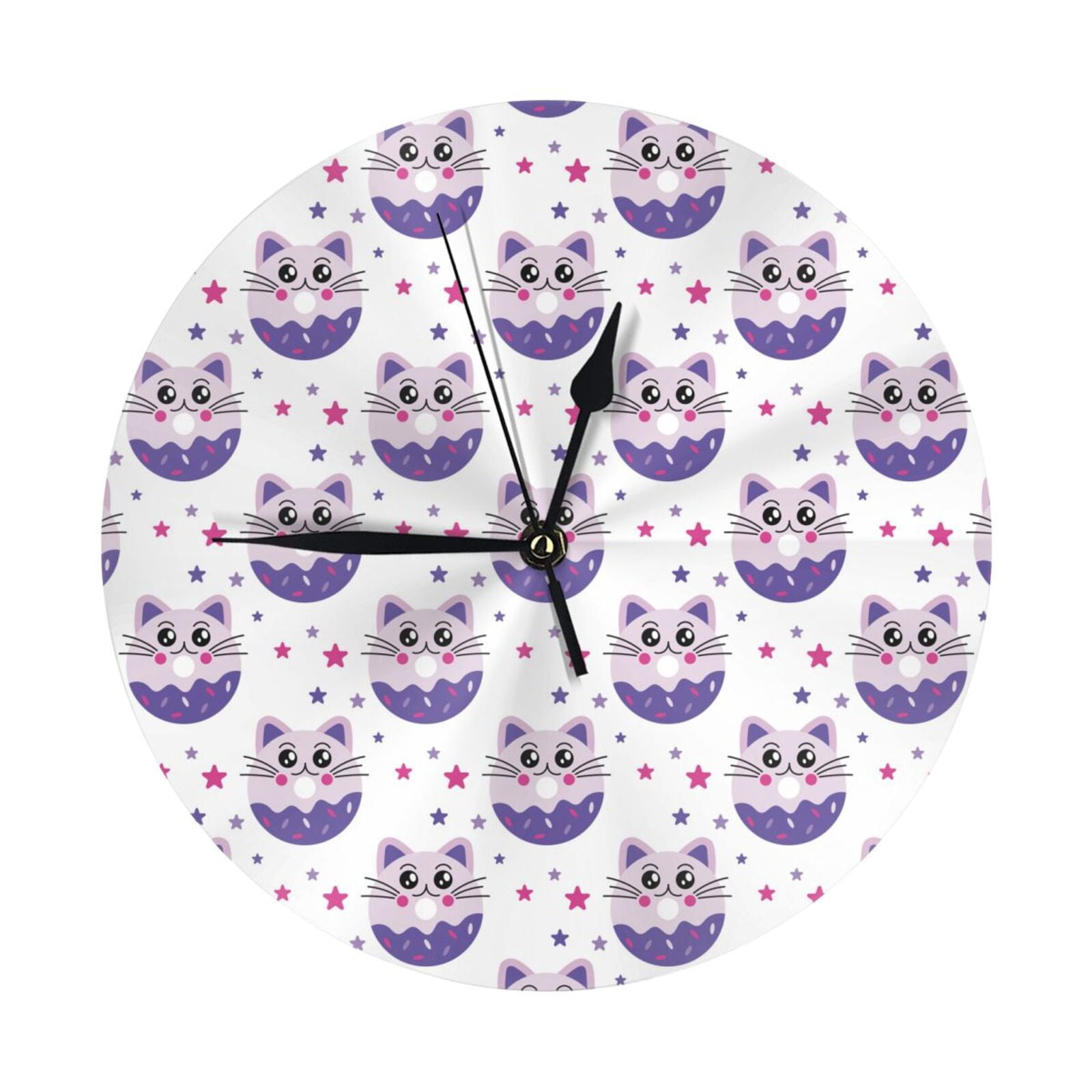 Wall Clock, Cute Cat Donut Print Purple Wall Clocks Battery Operated ...