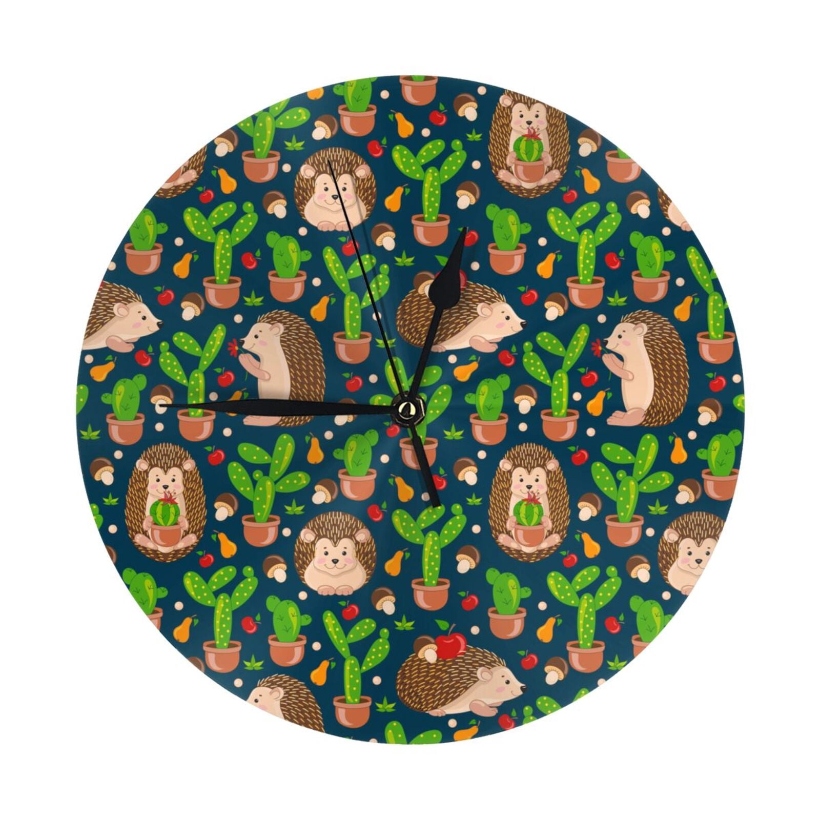 Wall Clock Cute Hedgehogs Cactus Blue Wall Clocks Battery Operated ...