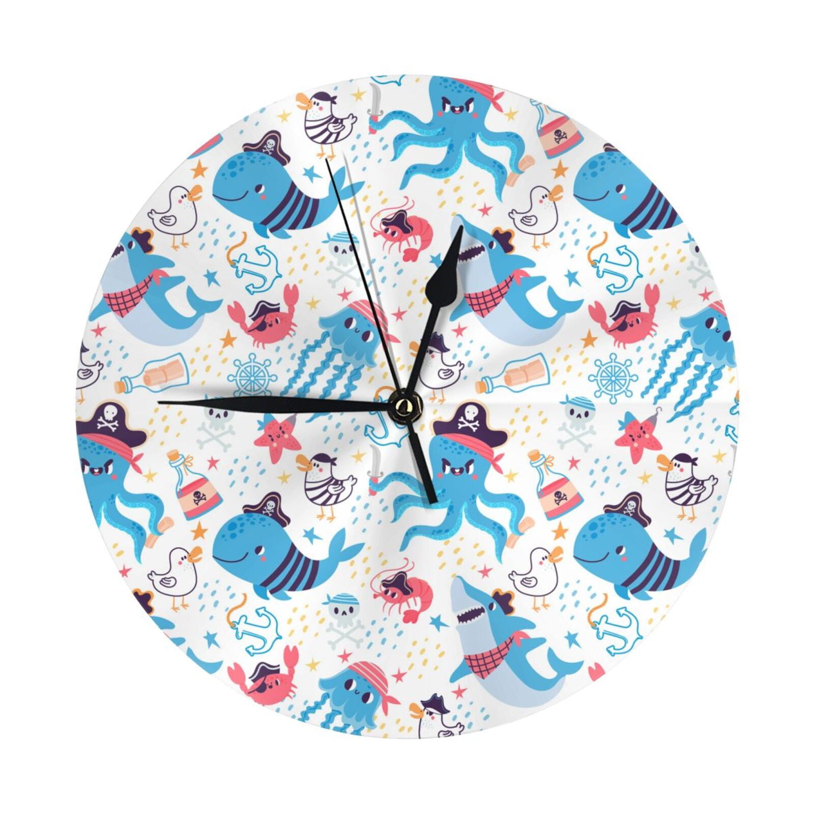 Wall Clock, Cute Pirate Shark Whale Octopus Wall Clocks Battery ...