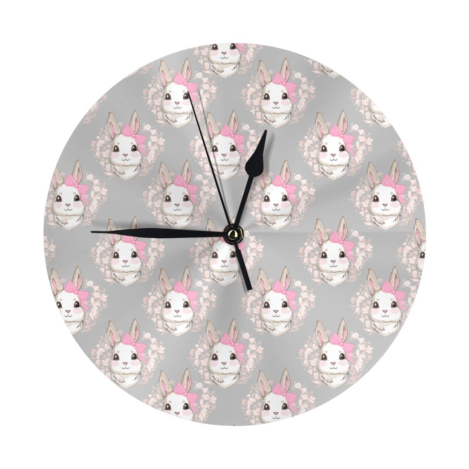 Wall Clock, Cute Rabbit White Pink Flower Wall Clocks Battery Operated ...