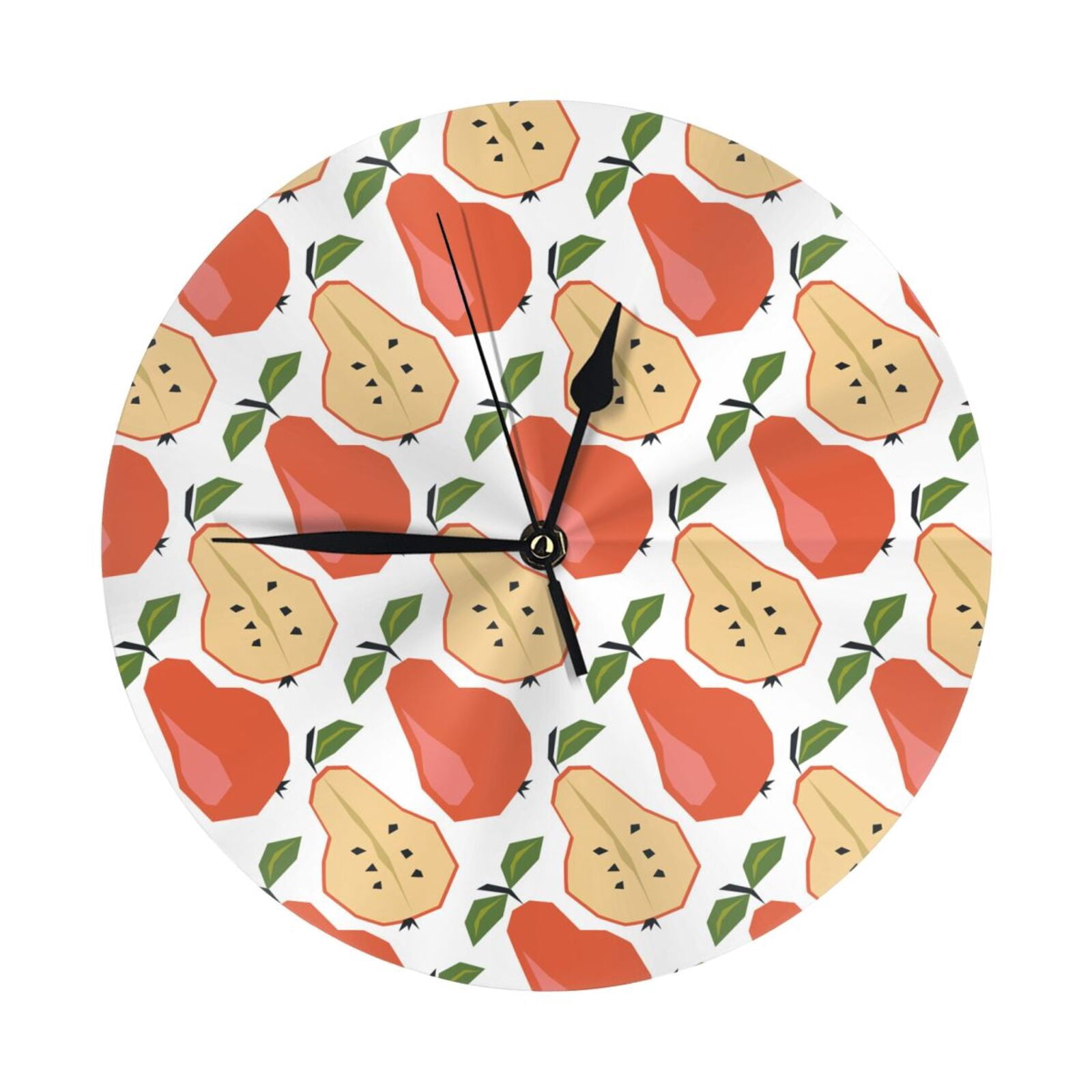 Wall Clock, Cute Red Pear Green Leaves Wall Clocks Battery Operated ...
