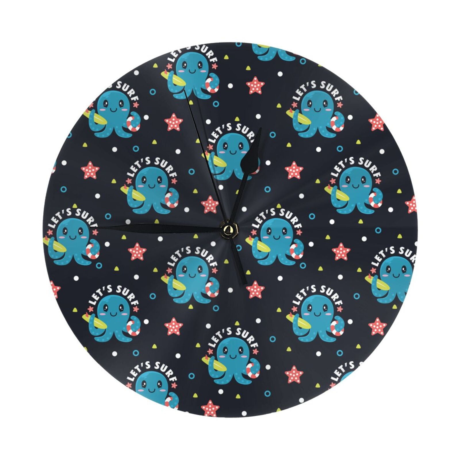 Wall Clock, Cute cartoon octopus surf Wall Clocks Battery Operated ...