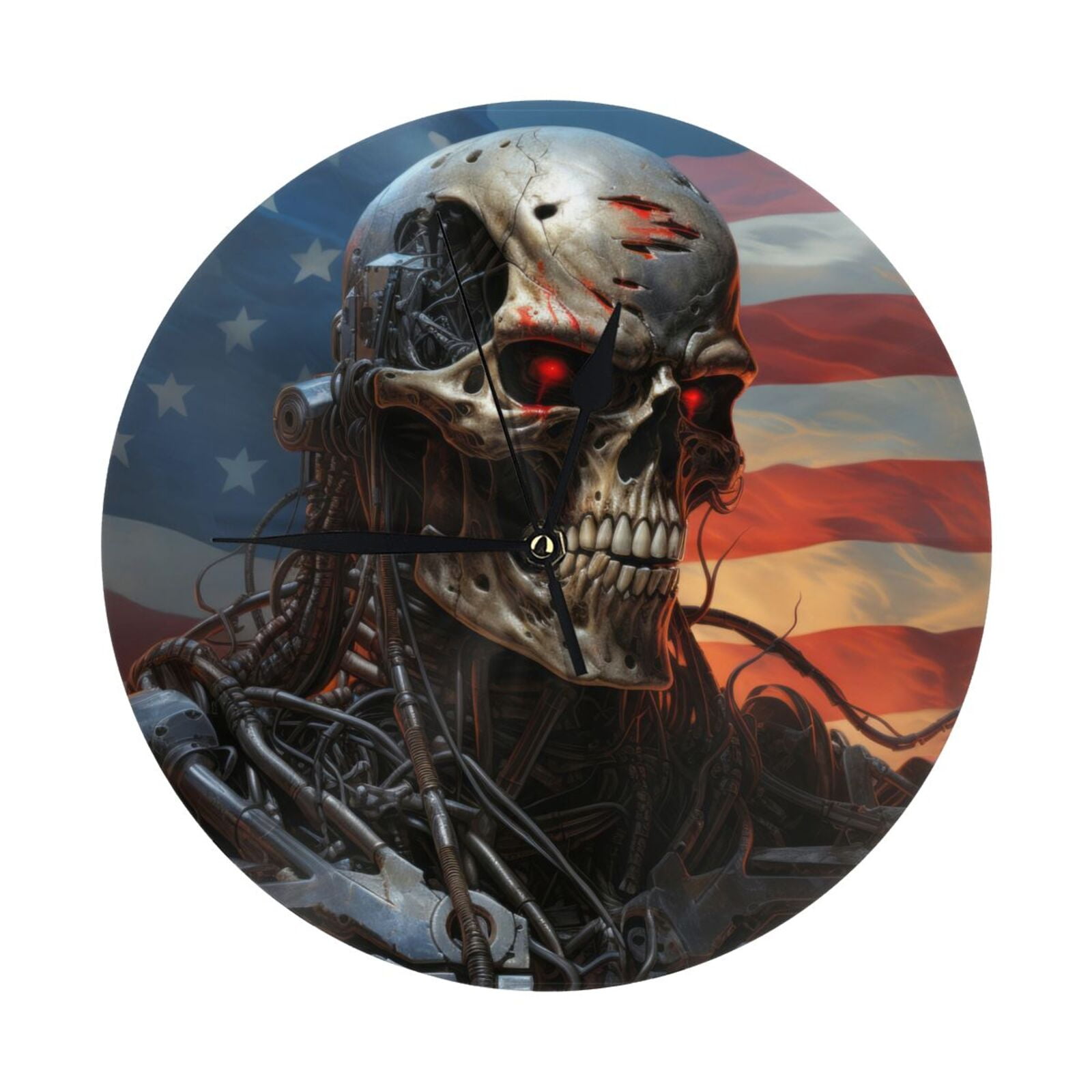 Wall Clock, Cyberpunk Skull American Flag Wall Clocks Battery Operated ...